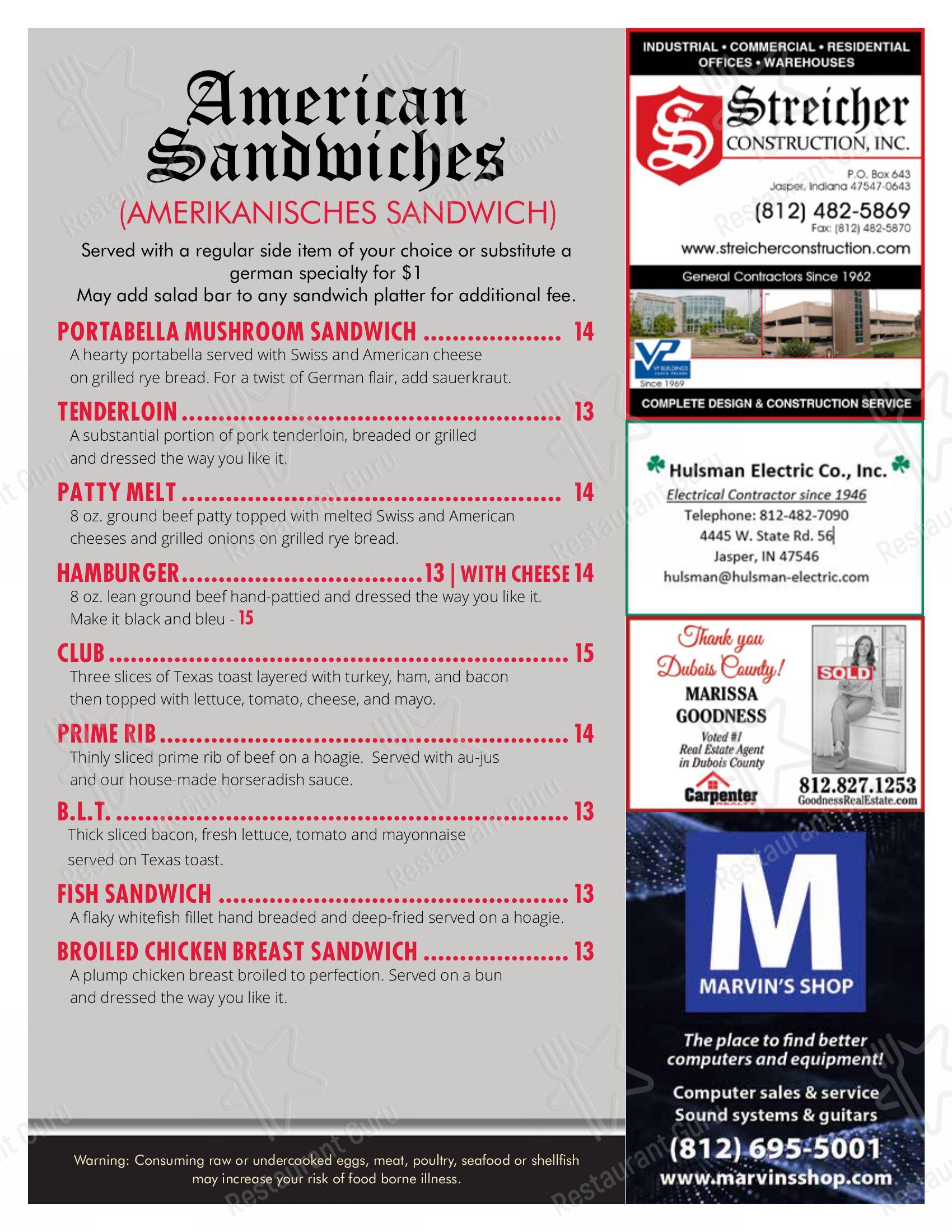 Menu at Schnitzelbank restaurant, Jasper
