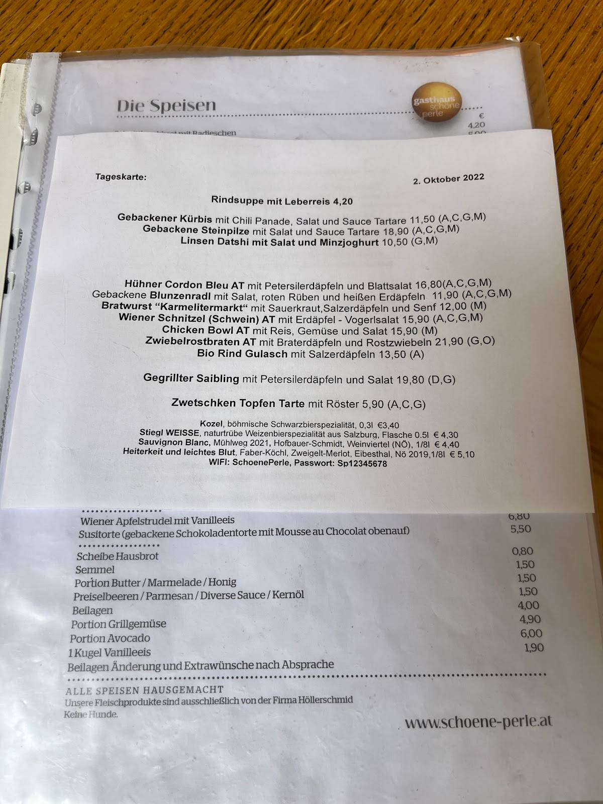 Speisekarte von Schöne Perle restaurant, Wien