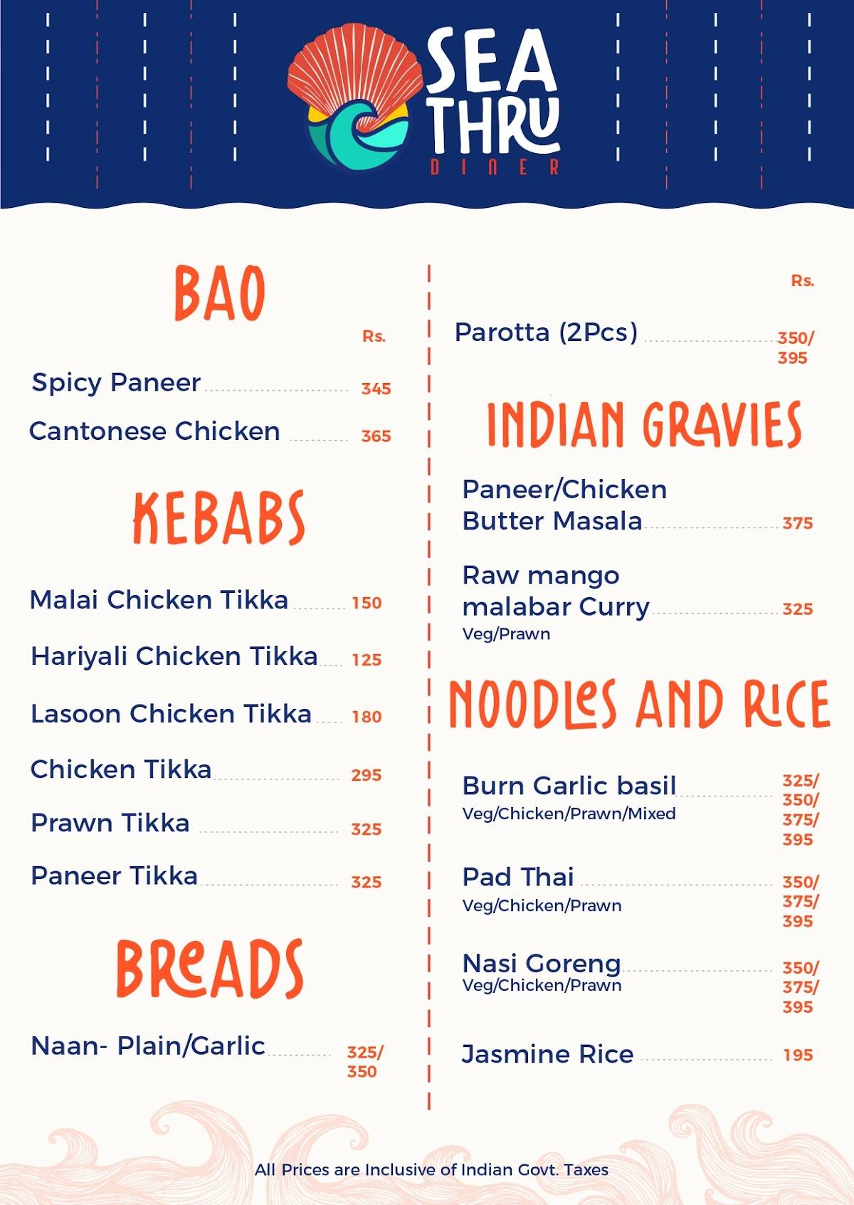 Menu at Sea Thru Diner, Chennai, Inside VGP Universal Kingdom