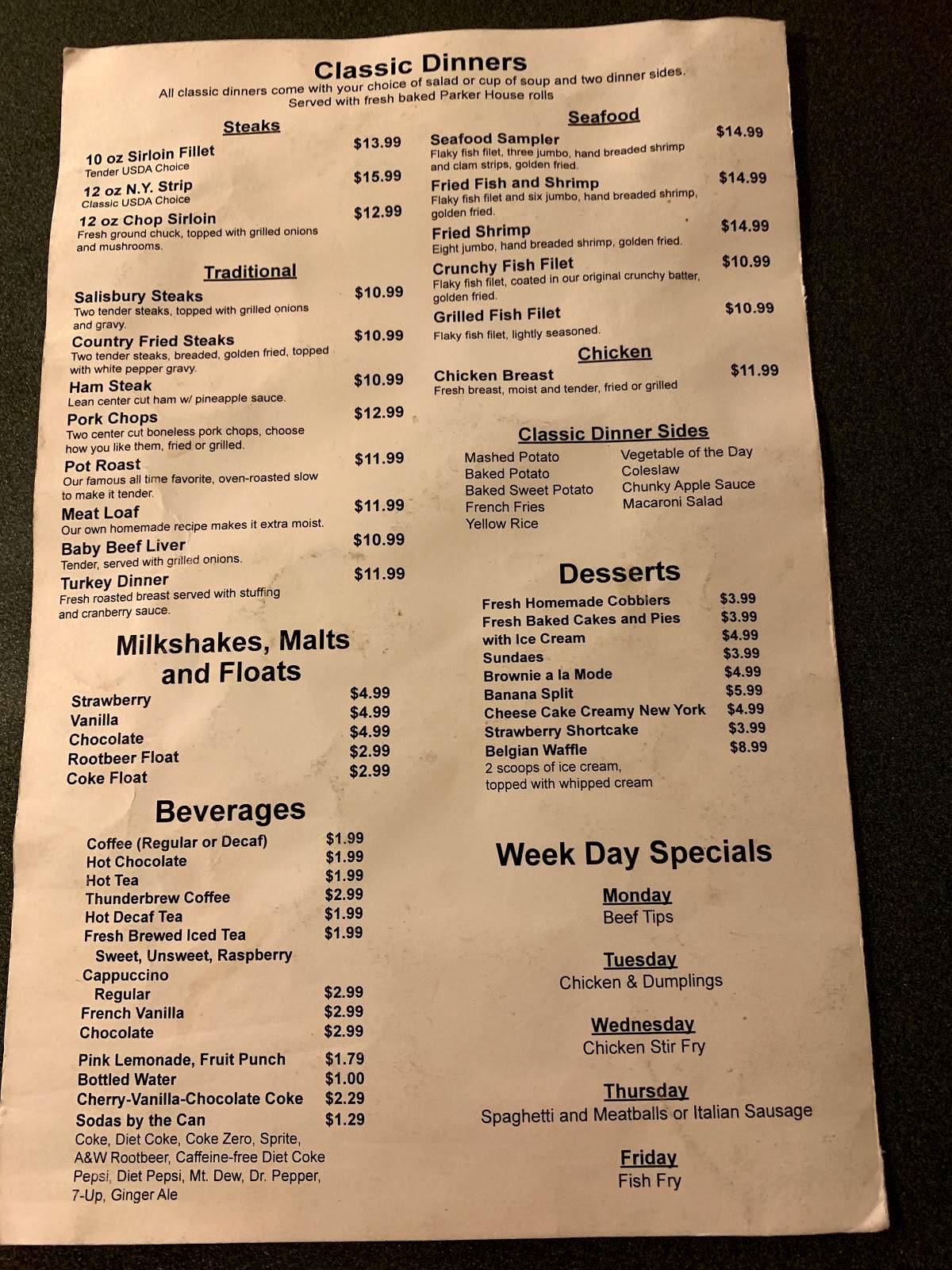 Menu at Sebring Diner restaurant, Sebring, US Hwy 27 S