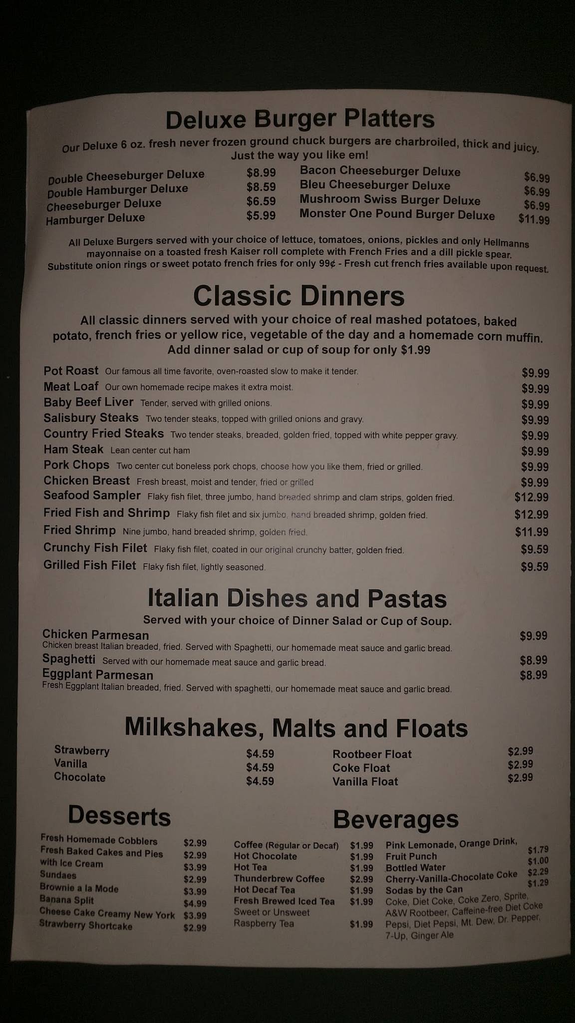 Menu at Sebring Diner restaurant, Sebring, US Hwy 27 S