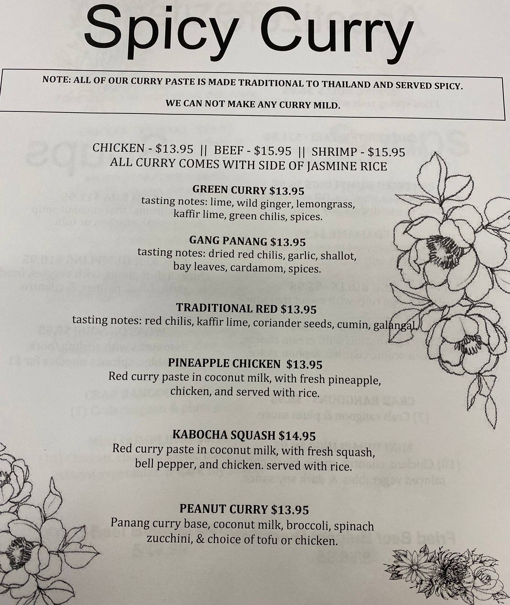 Menu at Secret Thai Cafe, Sandpoint