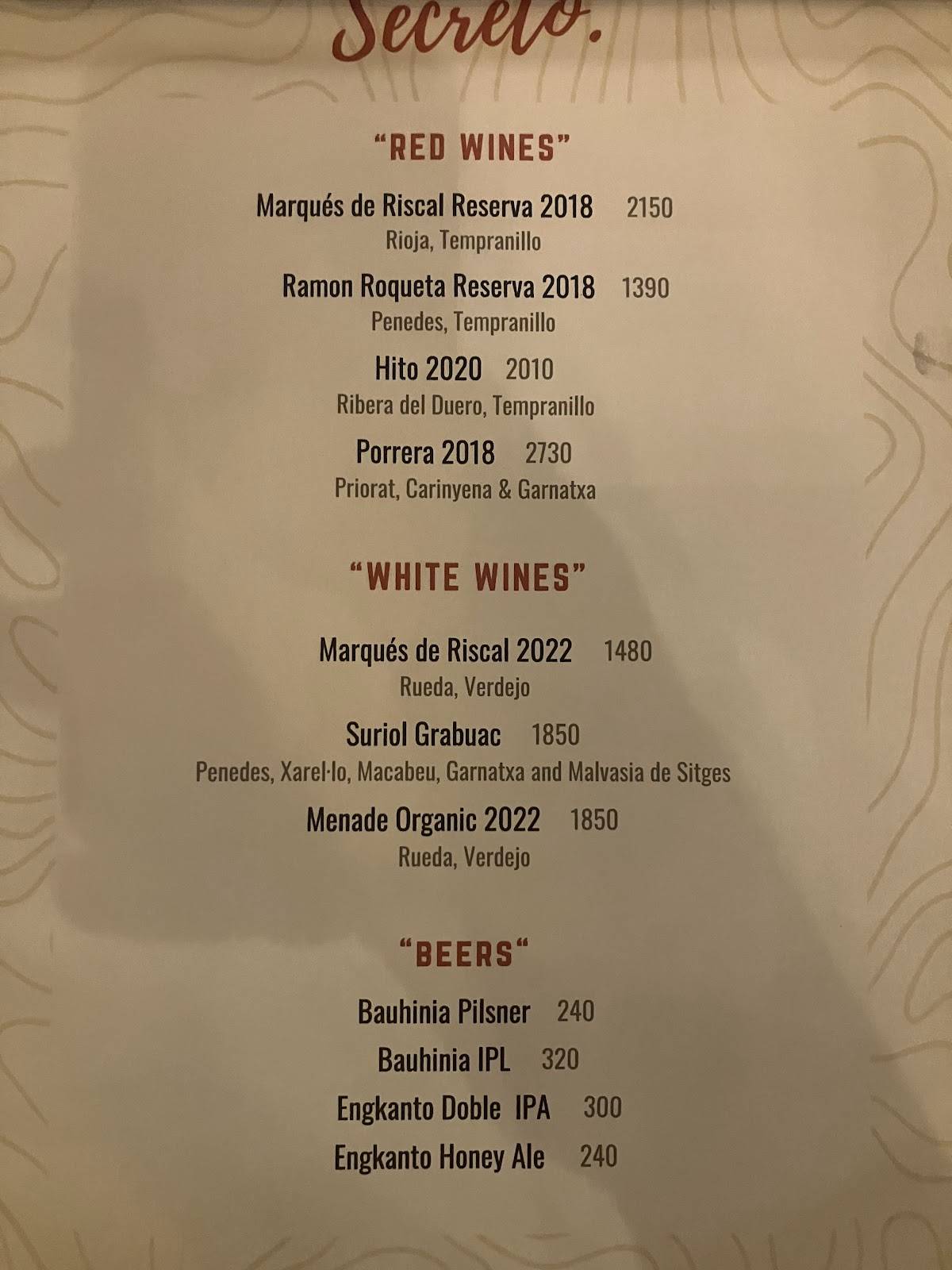 Menu at Secreto Restaurant & Cocktails Siargao, General Luna