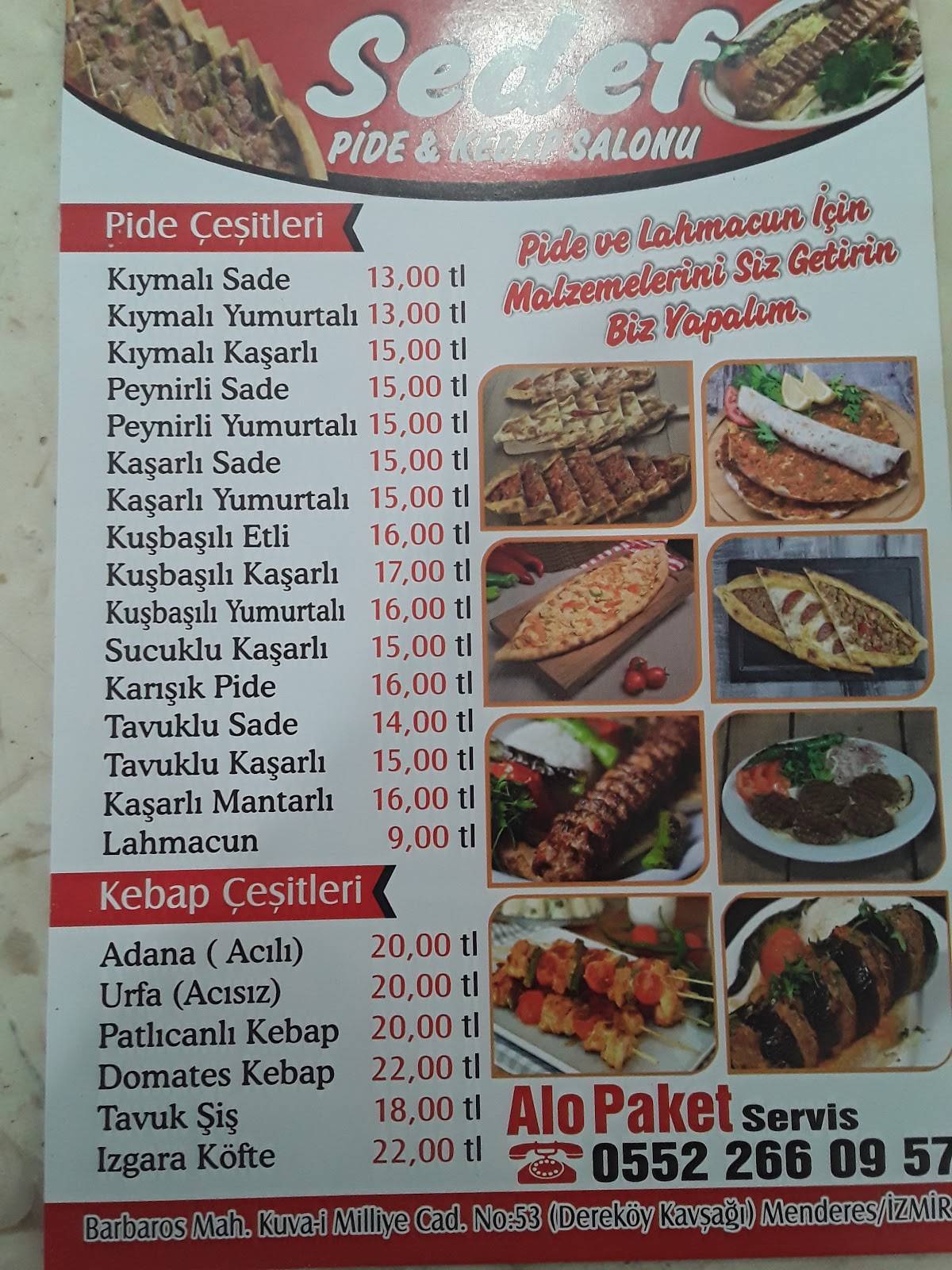 Menu at Sedef pide, Menderes