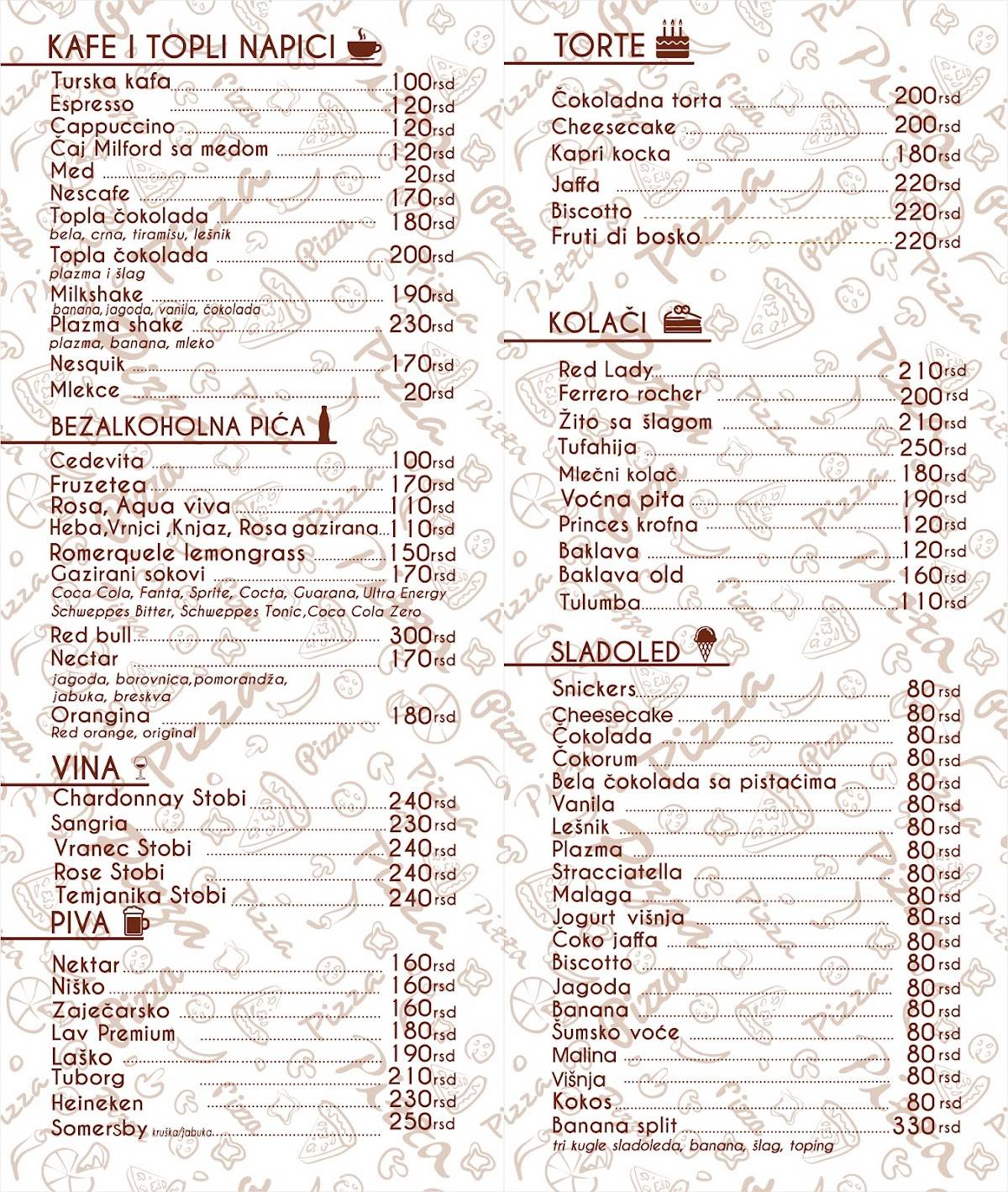 Menu at Segafredo Picerija restaurant, Prokuplje