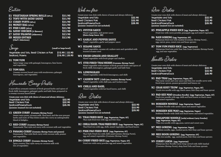 Menu at Sen Doe Thai Malay Restaurant, Waimauku