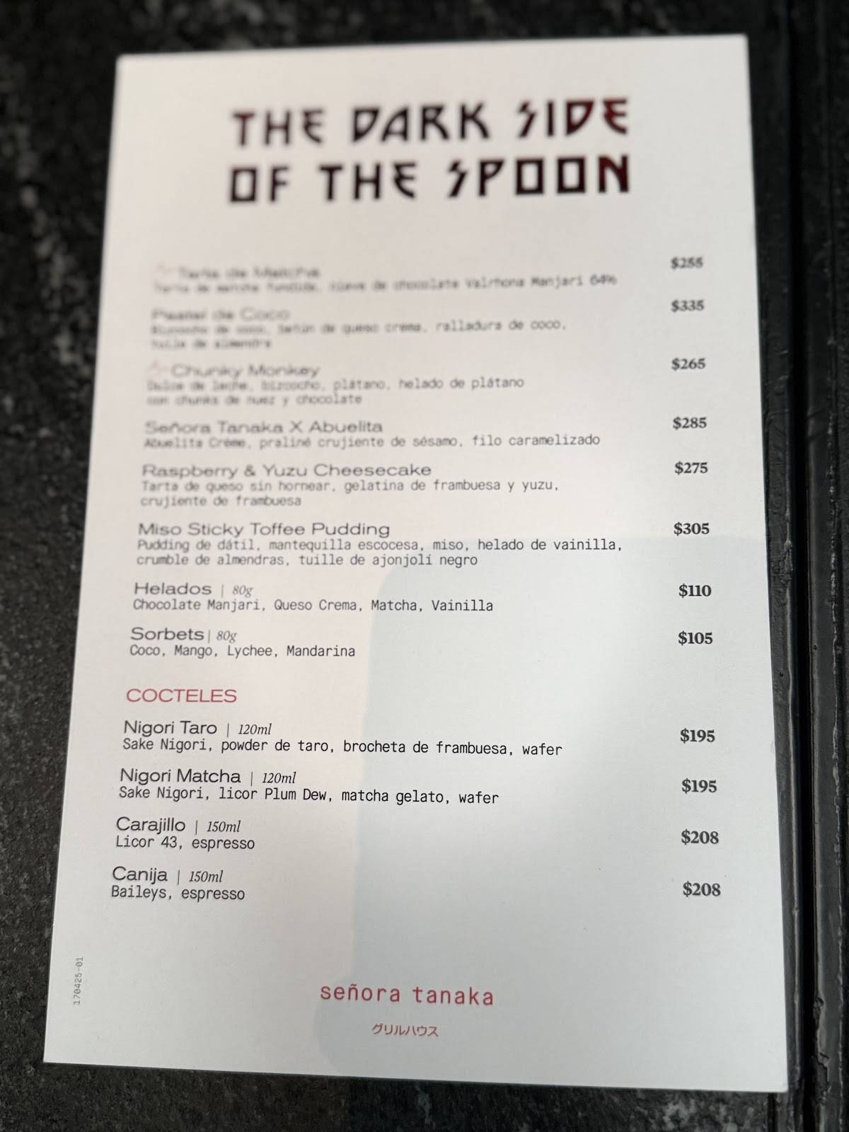 Carta del restaurante Señora Tanaka Masaryk, Ciudad del México