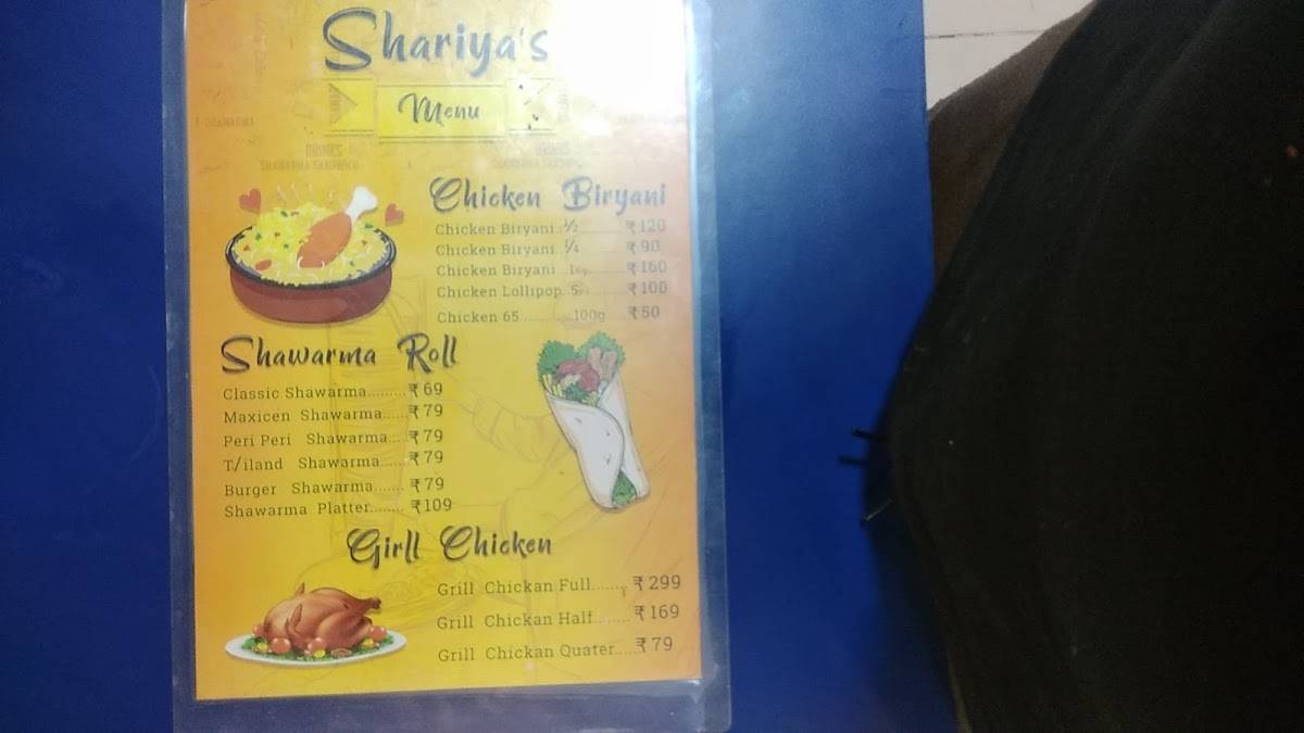 Menu at Shariya's Biryani, Chennai