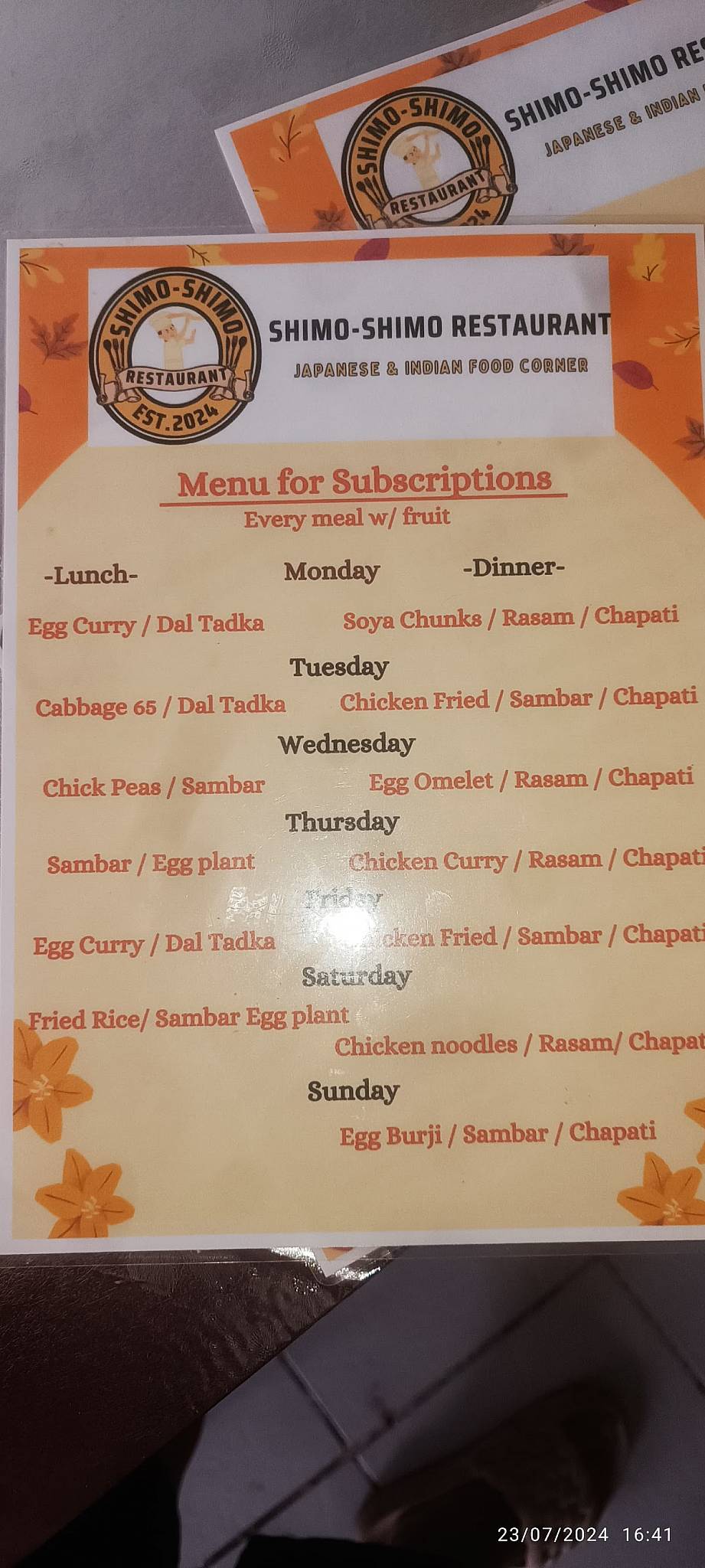 Menu at Shimo-Shimo Restaurant, Cebu City