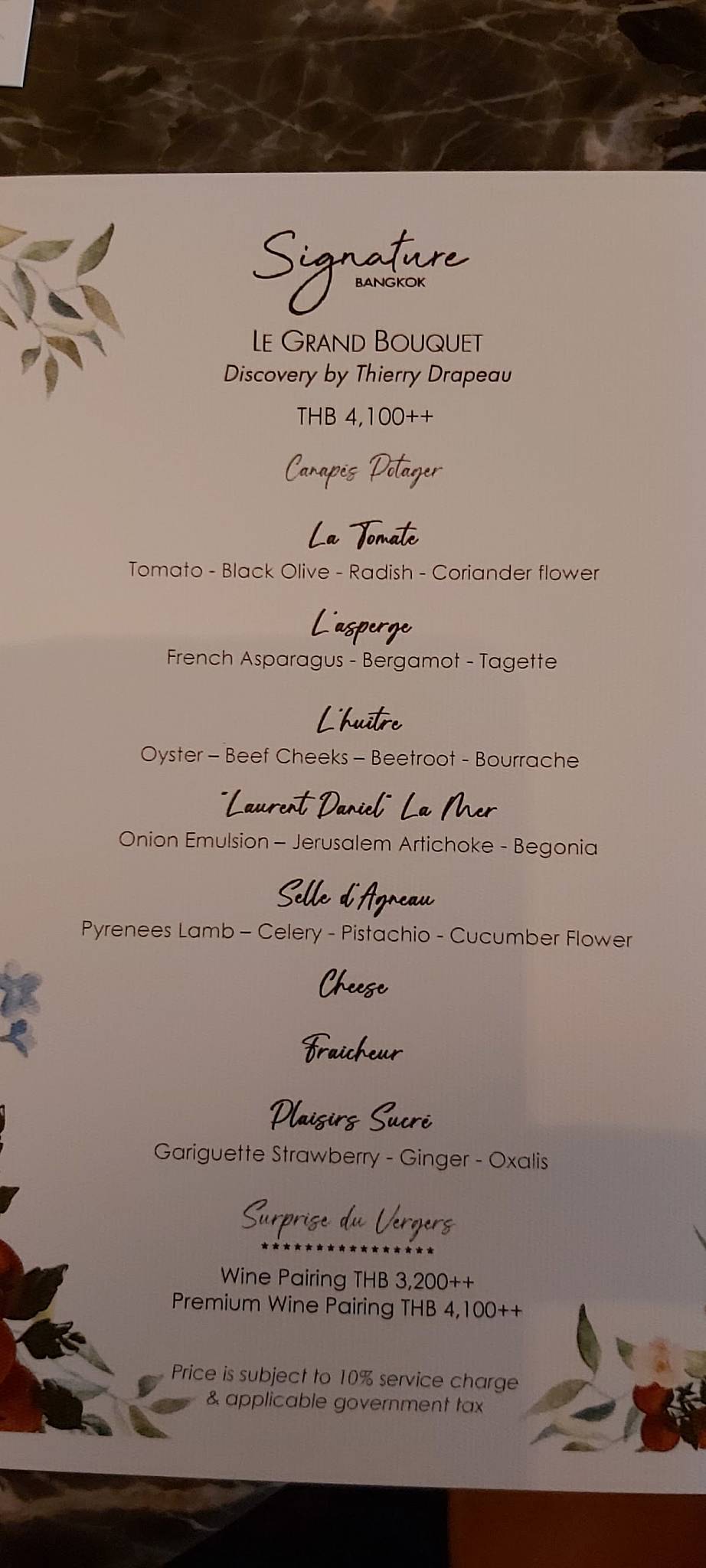Carta del restaurante Signature Bangkok, Bangkok
