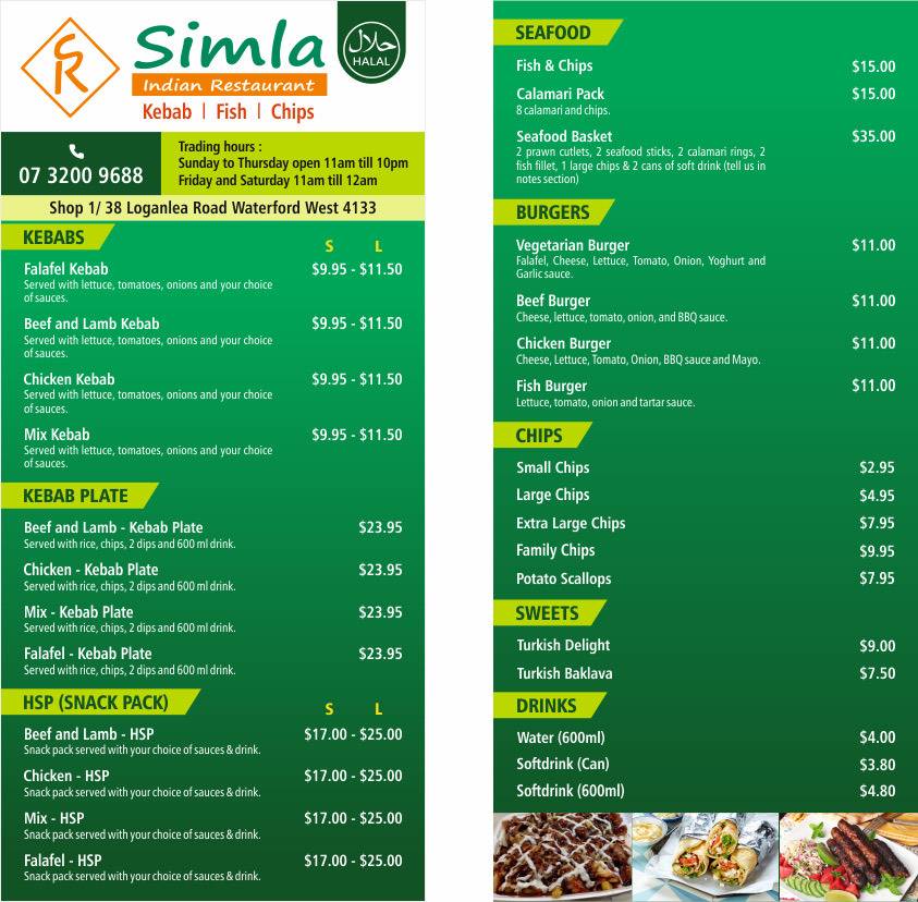 Menu at Simla Indian Restaurant, Waterford West