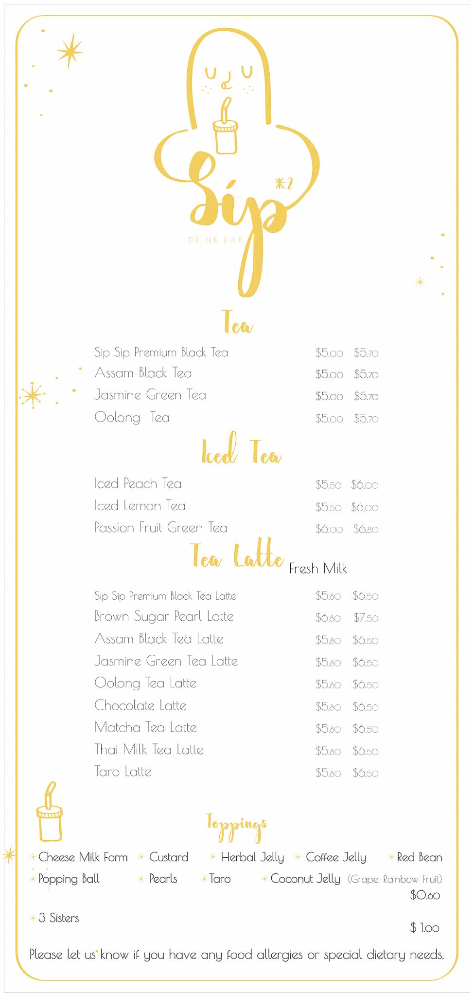Carta de Sip Sip Drink Bar Sip Sip Cafe, Katoomba