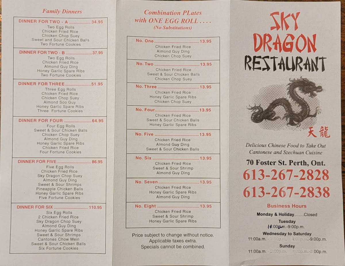 Menu at Skye Dragon restaurant, Perth