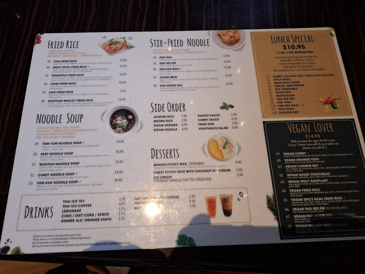 Menu at Smile Thai restaurant, Lomita