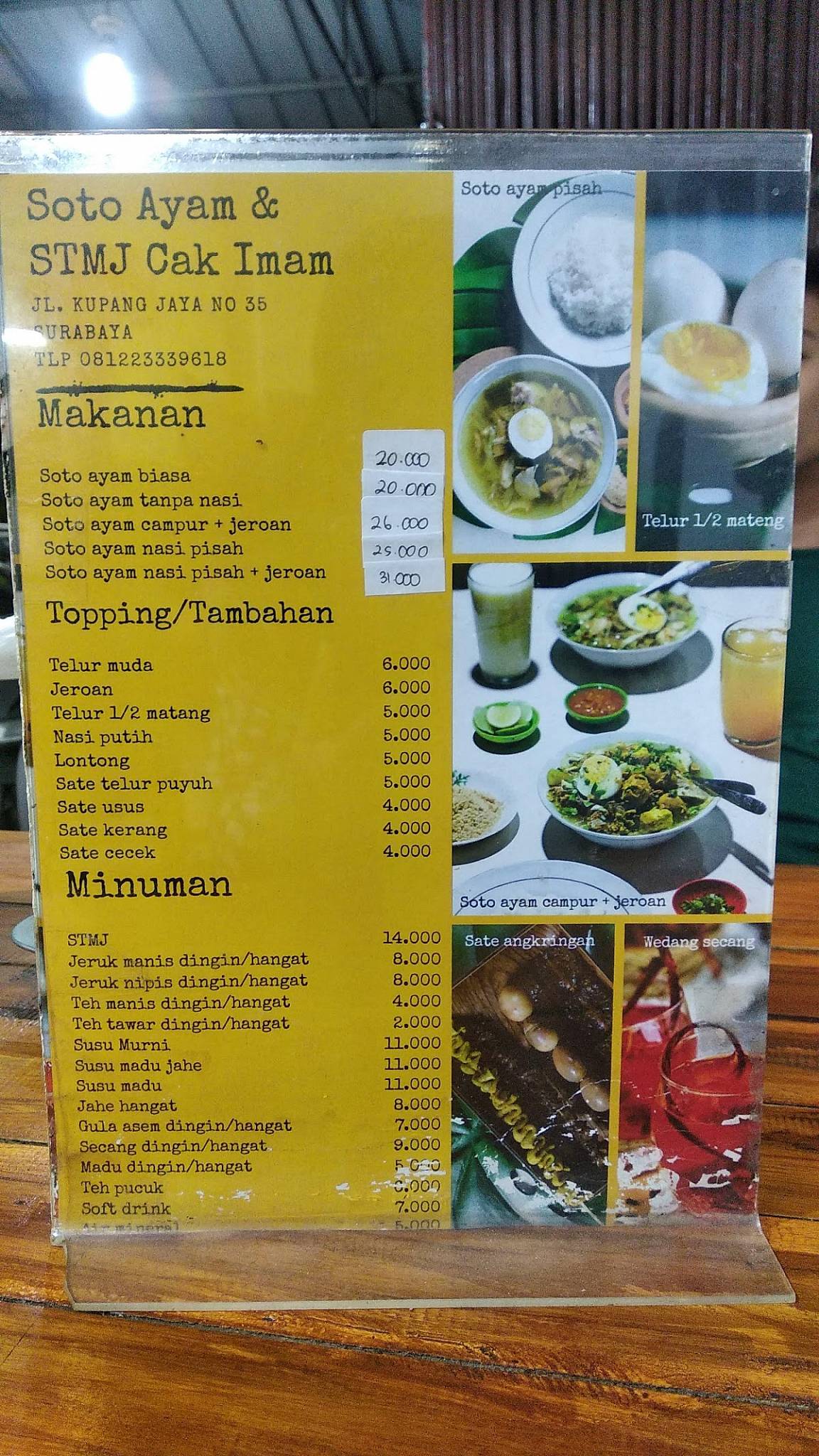 Carta del restaurante Soto Ayam & STMJ Cak Imam, Surabaya