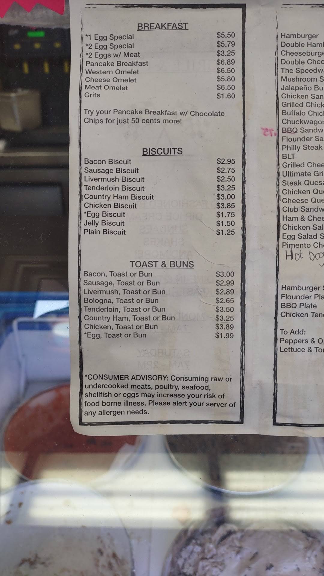 Menu at Speedway Cafe, Rutherford College, 611 Malcolm Blvd
