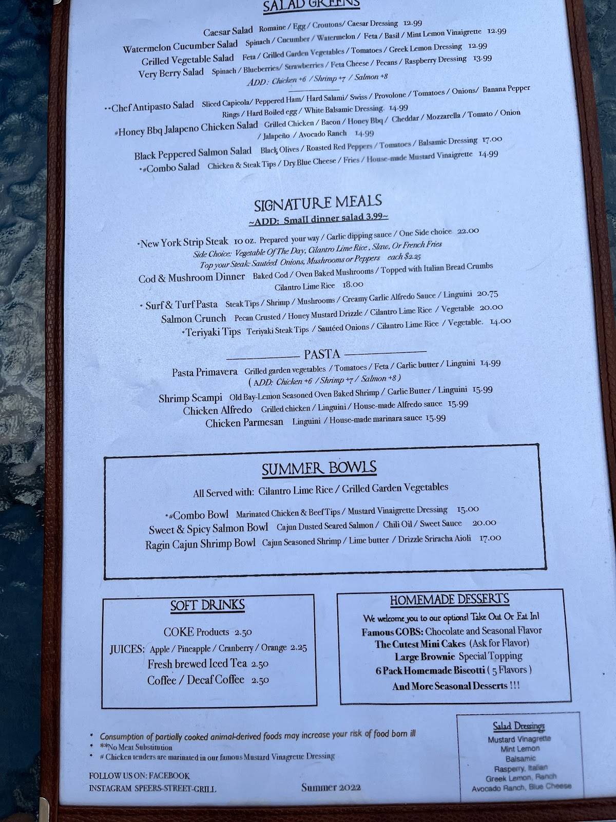 Menu at Speers Street Grill restaurant, Belle Vernon, 121 Speers Ave