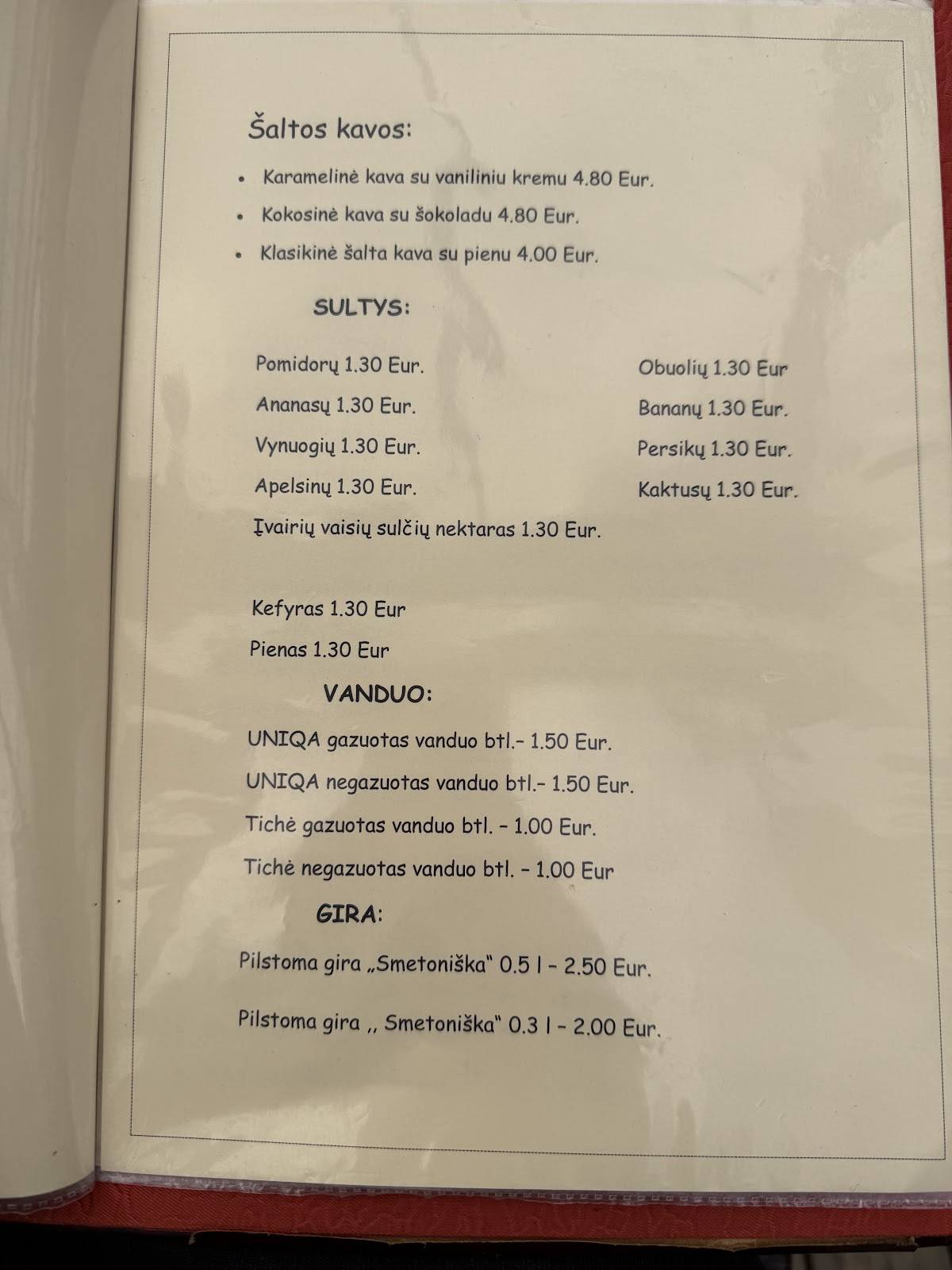 Menu at Spilgutė restaurant, Darbėnai