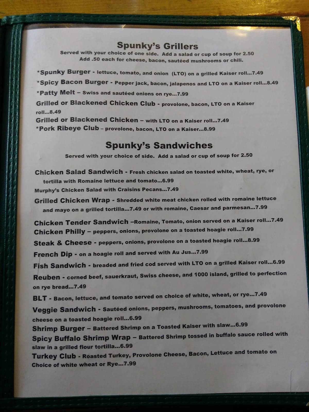Menu at Spunky McDoogle's restaurant, New Bern, S Glenburnie Rd