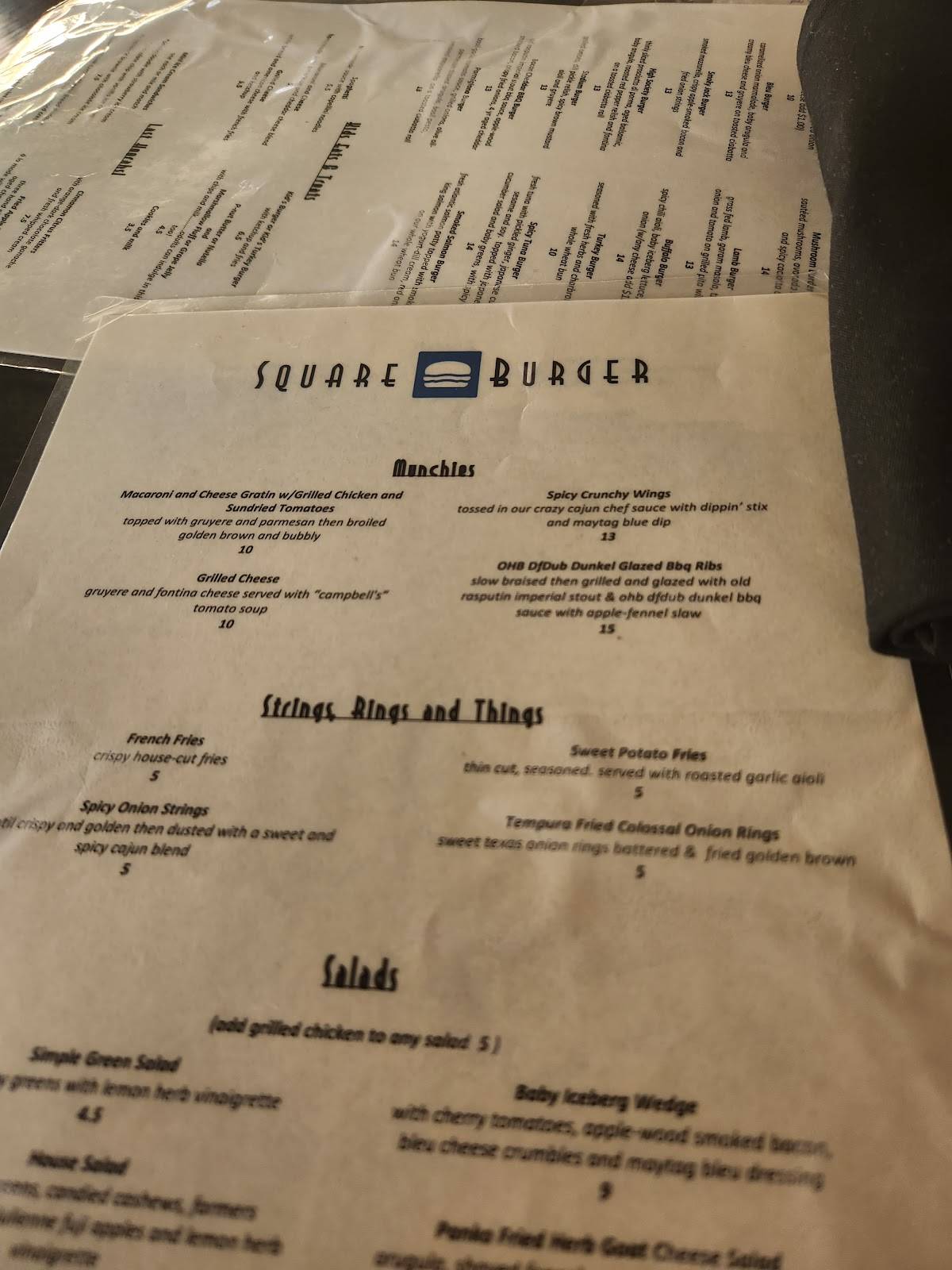 Menu at Square Burger restaurant, McKinney
