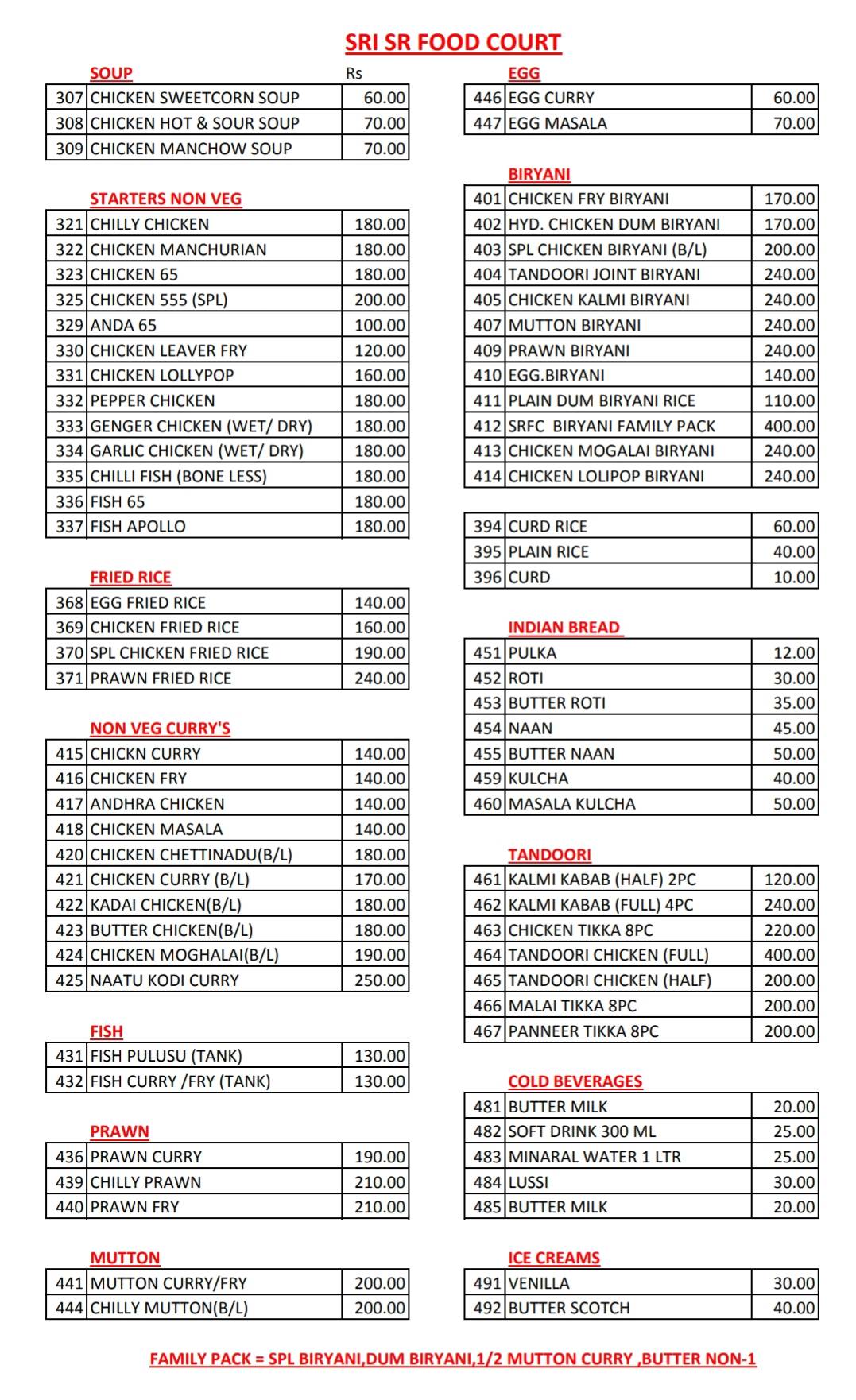 Menu at Sri SR Food Court, Razam