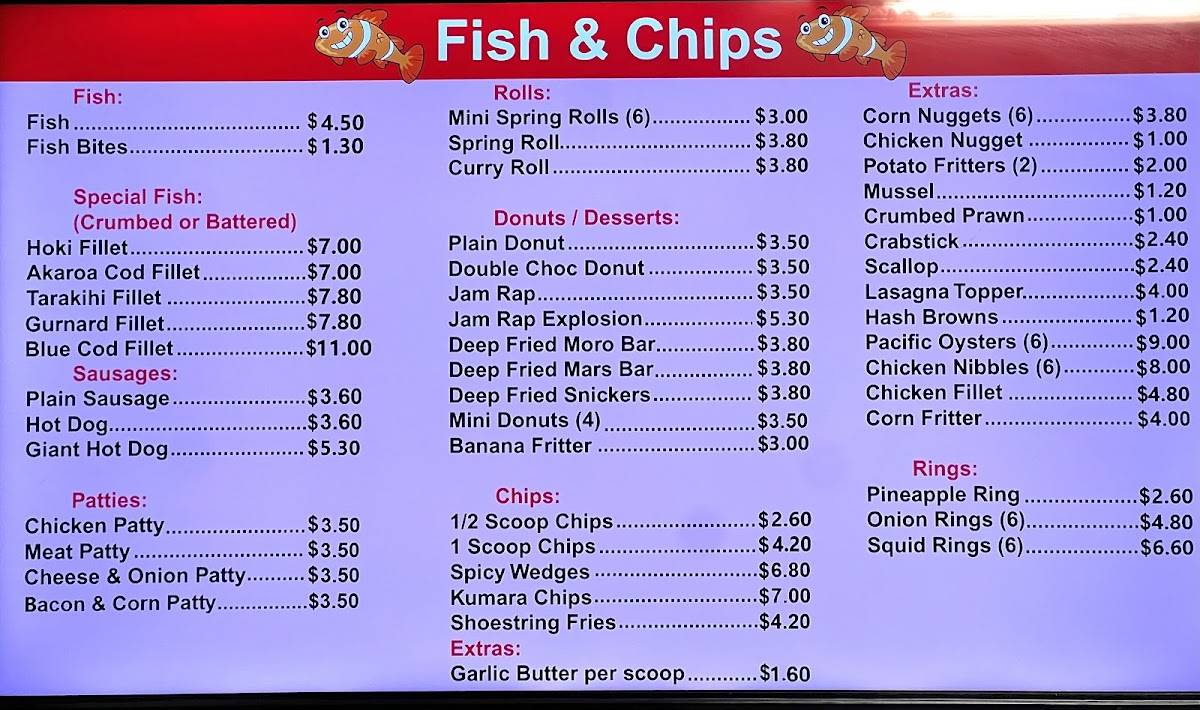 Menu at St Albans Seafoods restaurant, Christchurch