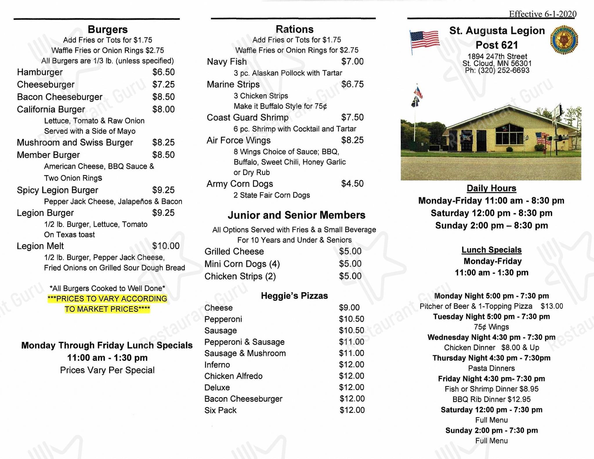 Menu at St Augusta Legion pub & bar, St. Cloud
