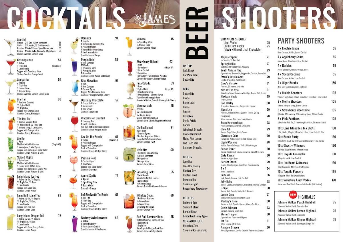 Menu at St James Restaurant, Walmer, Port Elizabeth