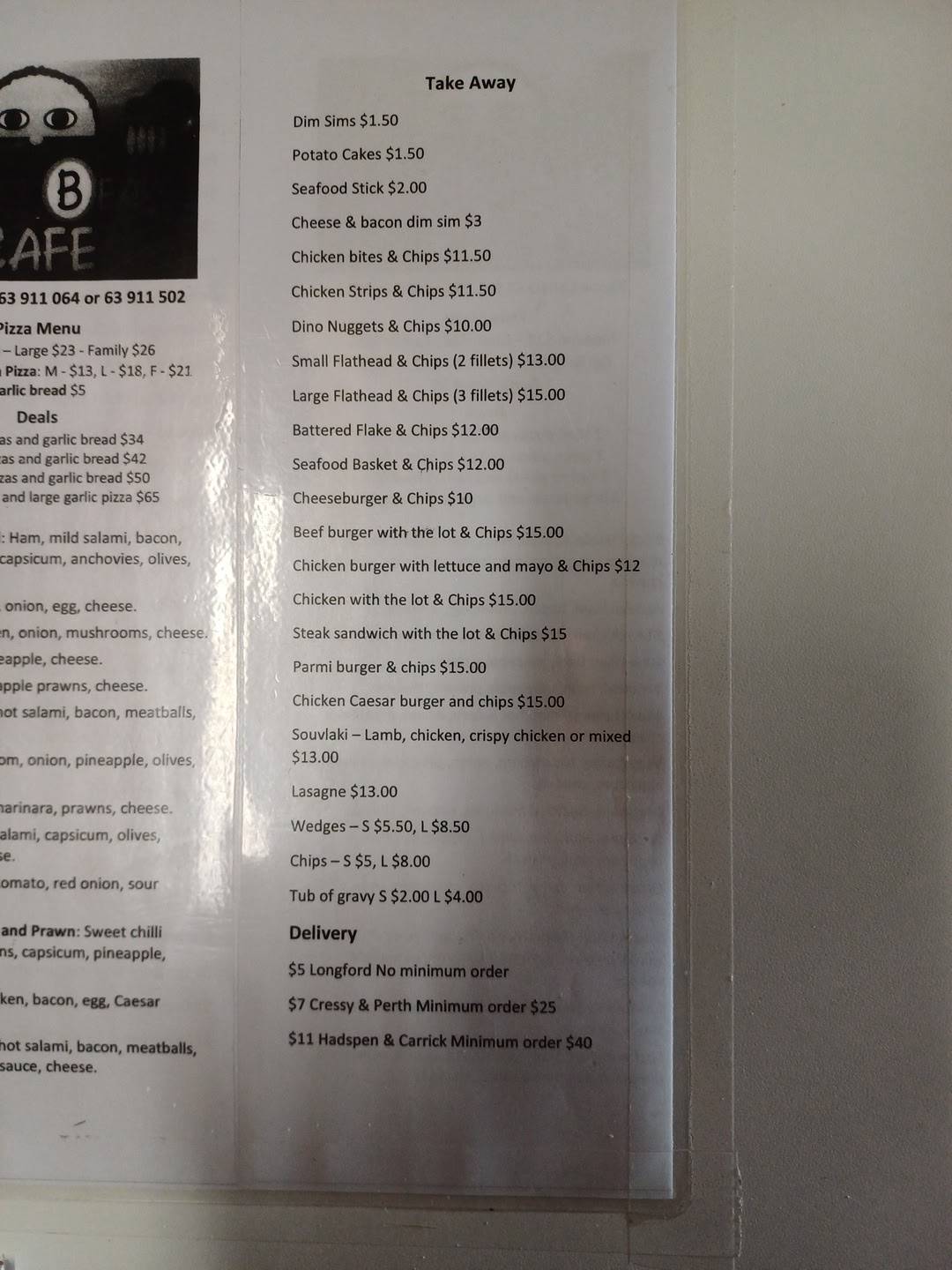 Menu at Sticky Beaks Pizza restaurant, Longford
