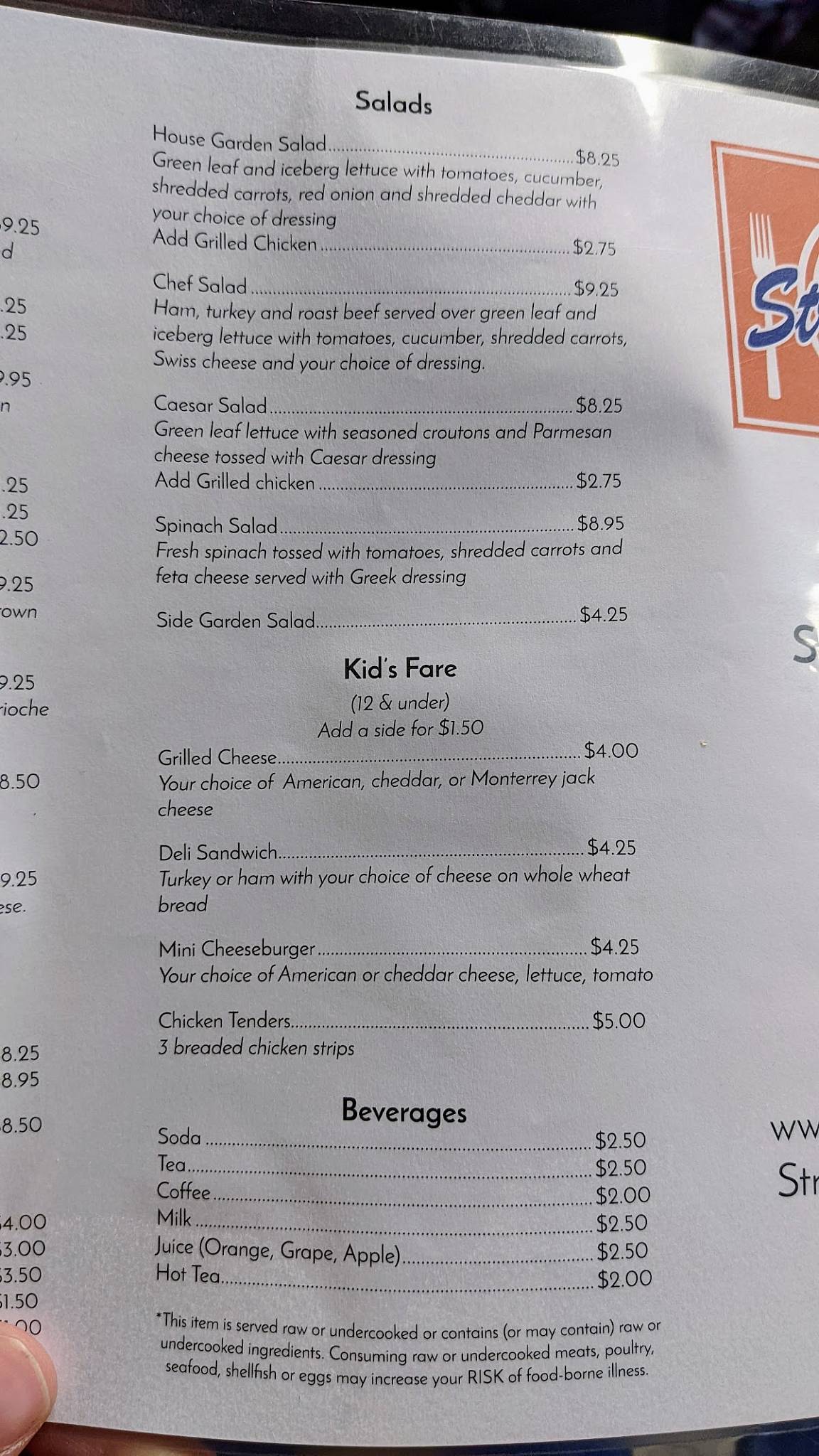 Menu at Strickland's restaurant, Seneca