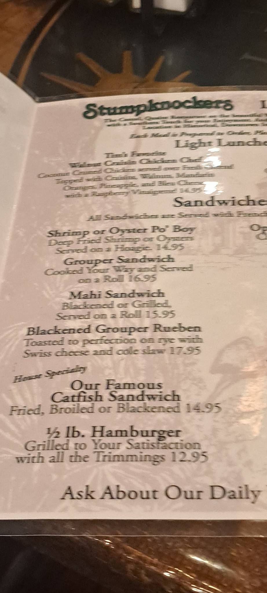 Menu at Stumpknockers Restaurants, Inverness
