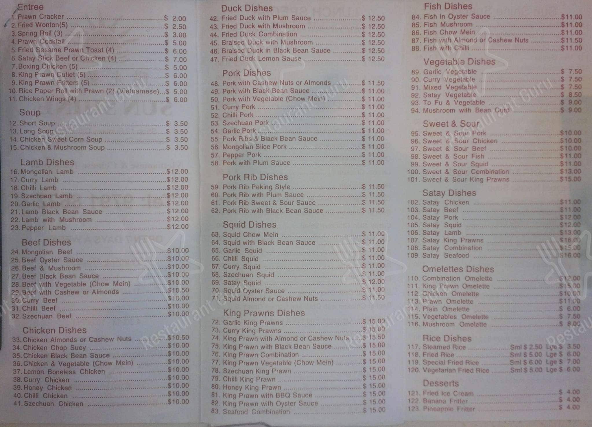 Menu at Sunshine Vietnamese & Chinese Takeaway restaurant, Bunbury ...