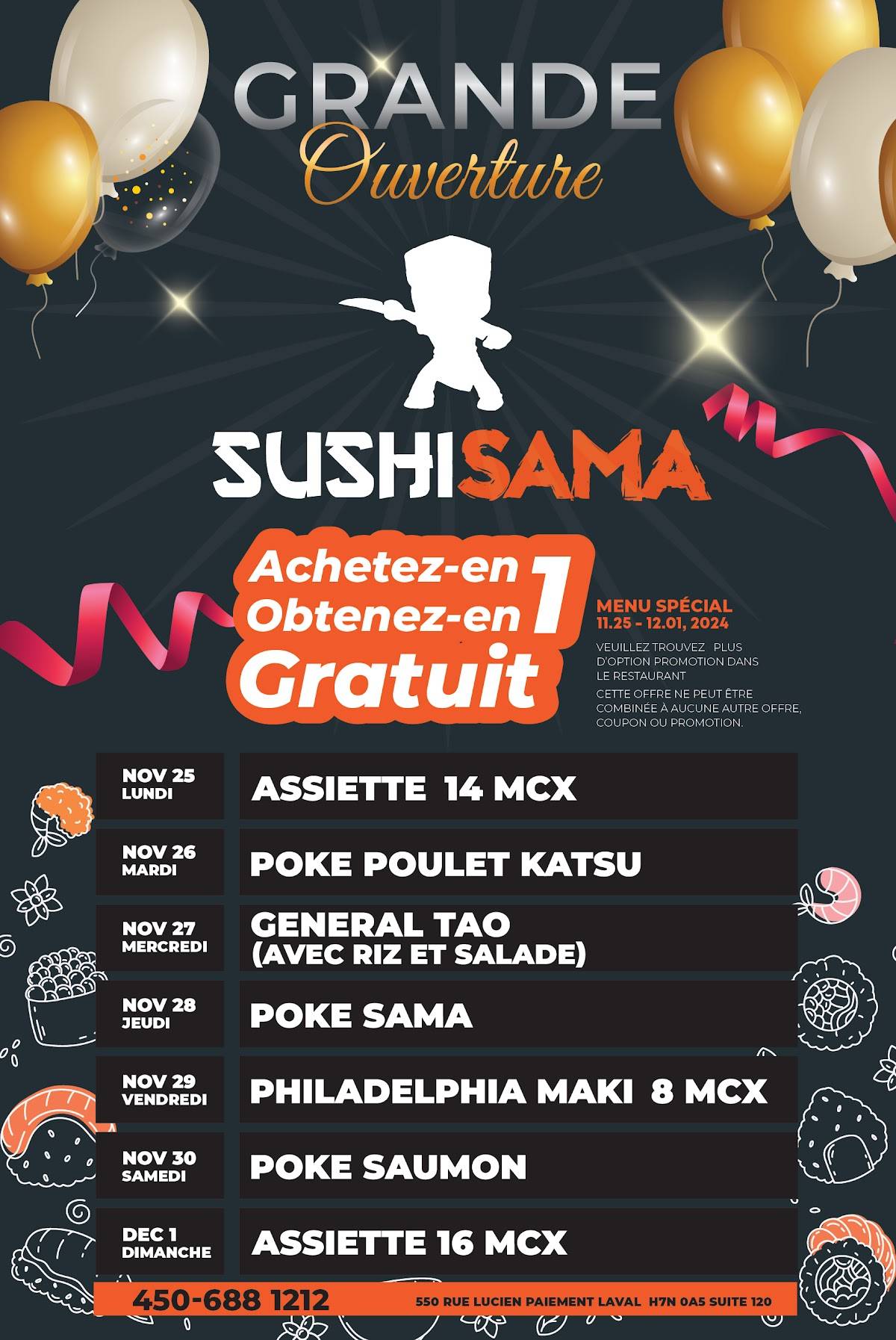 Menu au Sushi Sama restaurant, Laval