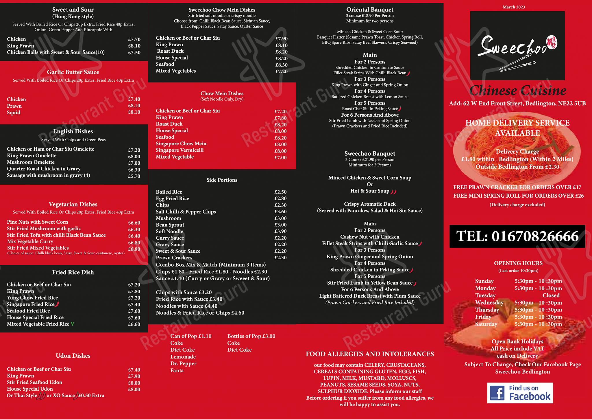 Menu at Sweechoo Chinese Restaurant, Bedlington