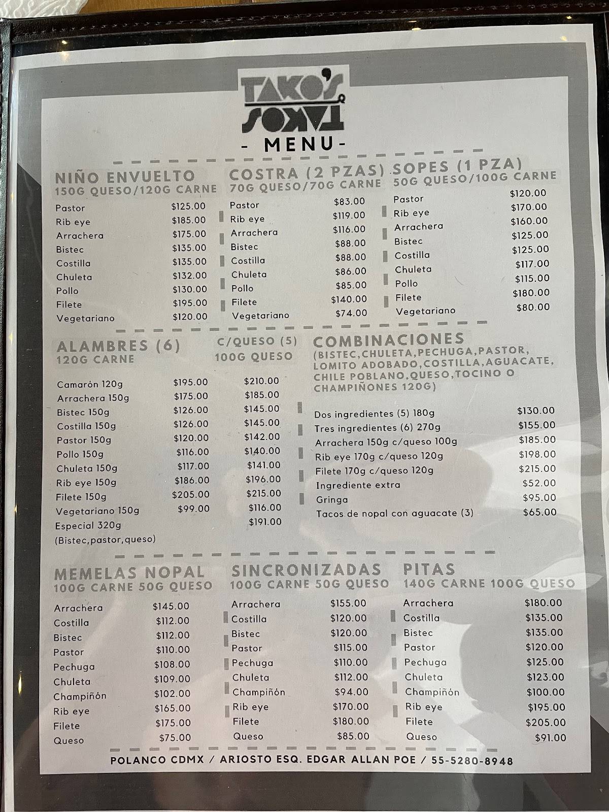 Carta del restaurante TAKOS TAKOS, Ciudad del México, Edgar Allan Poe 14A