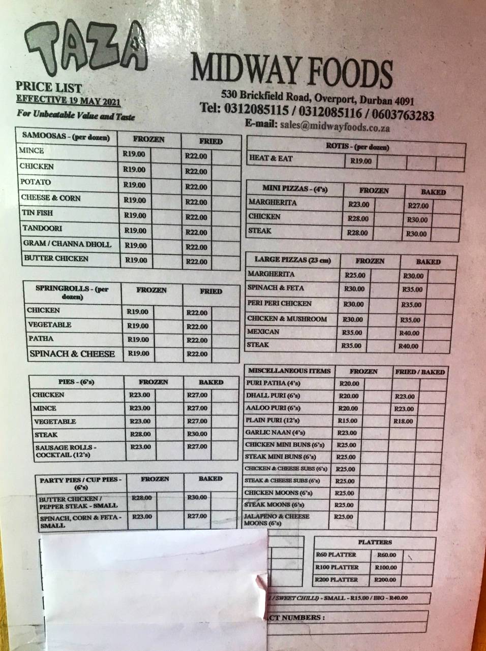 Menu at TAZA MIDWAY FOODS restaurant, Durban