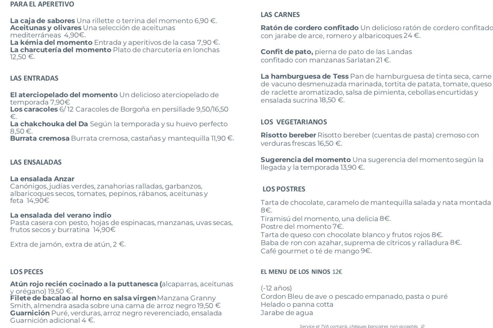 Menu at TESS restaurant, Paris