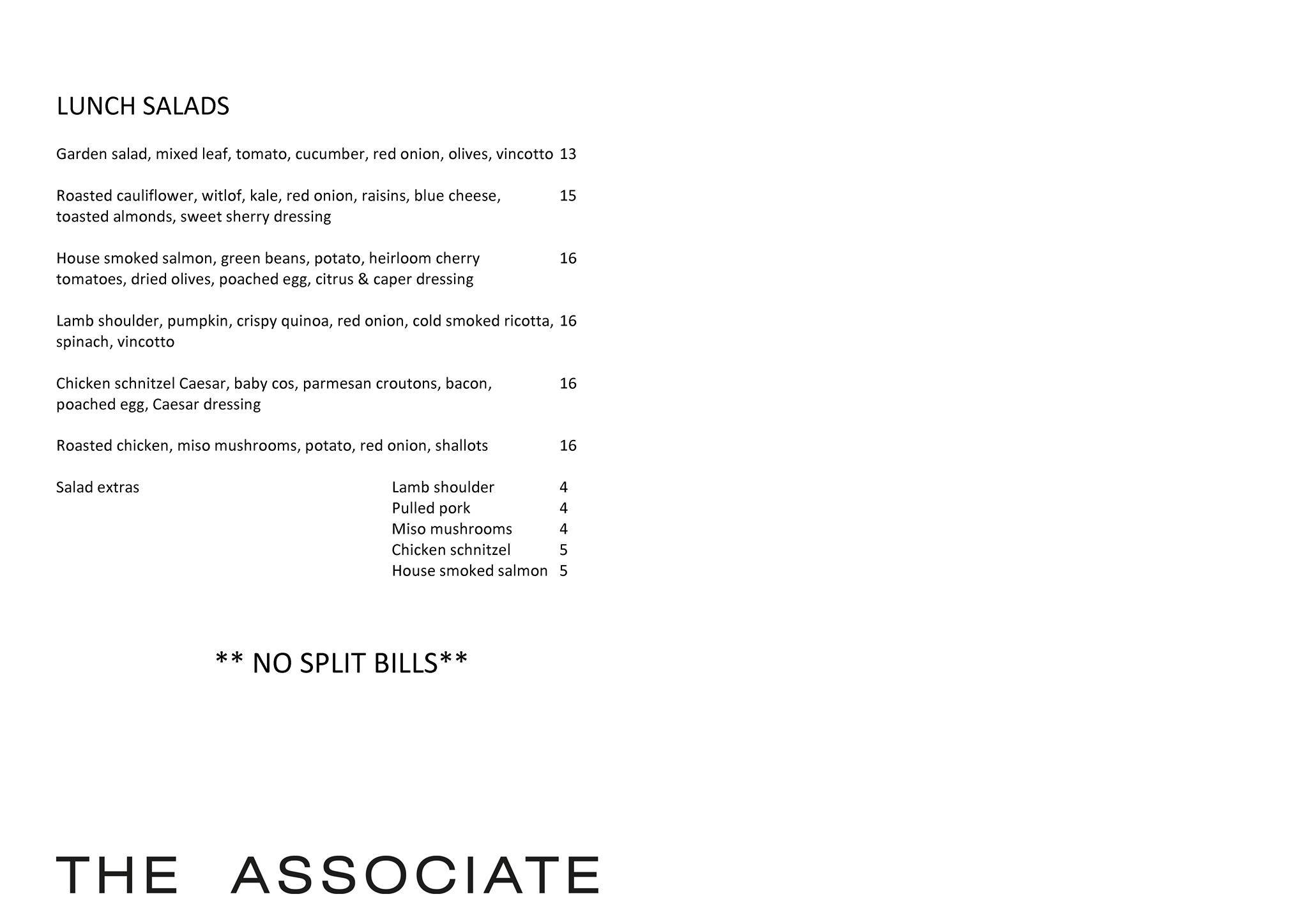 Menu at THE ASSOCIATE cafe, Sydney
