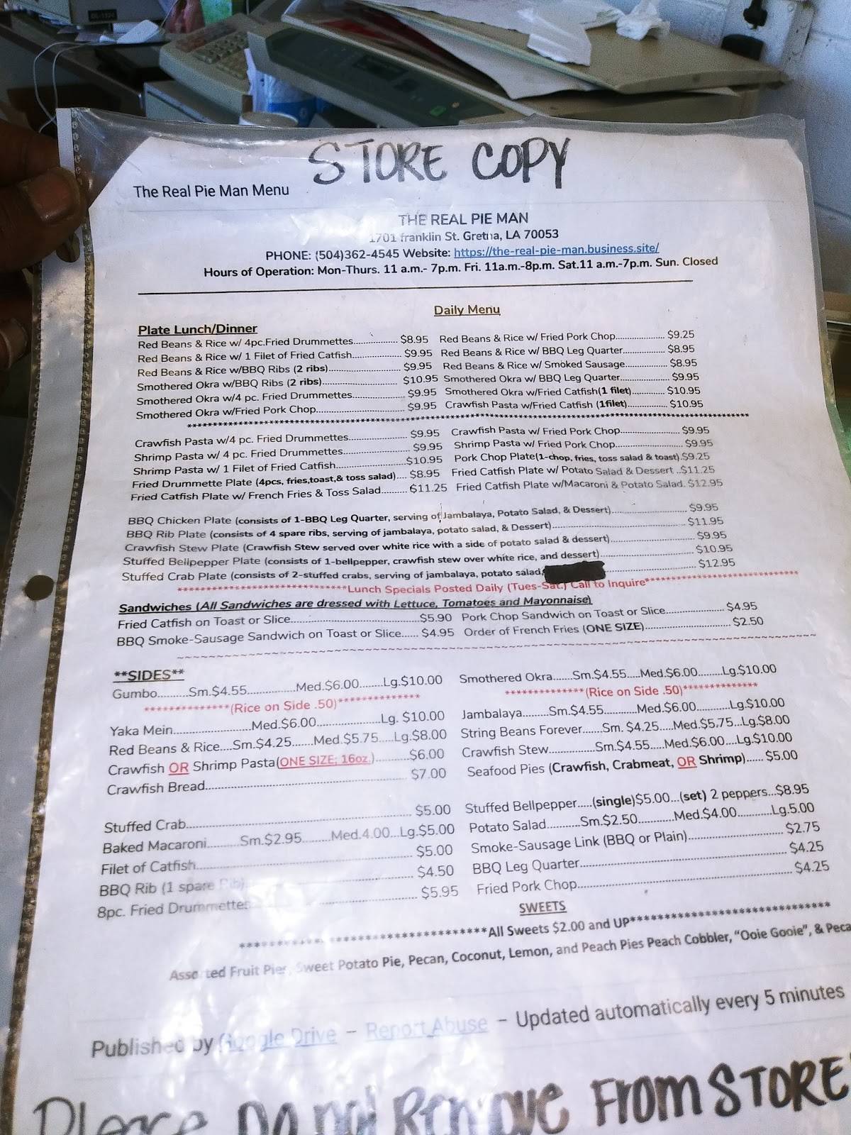 Menu at THE REAL PIE MAN restaurant, Gretna