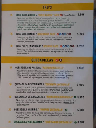 Carta del restaurante TKO Tacos Santa Isabel, Madrid