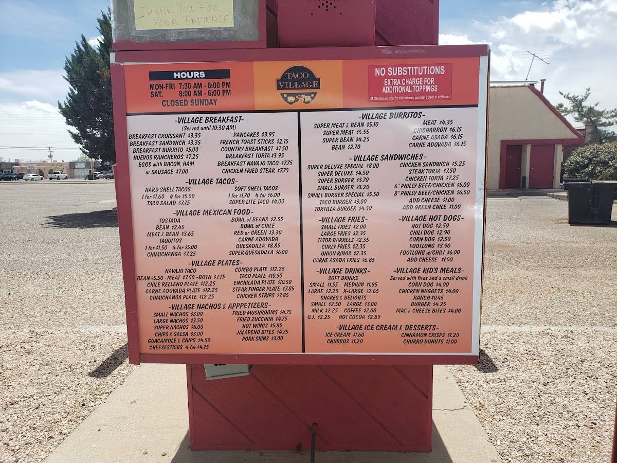 Menu at Taco Village restaurant, Grants, 700 Roosevelt Ave