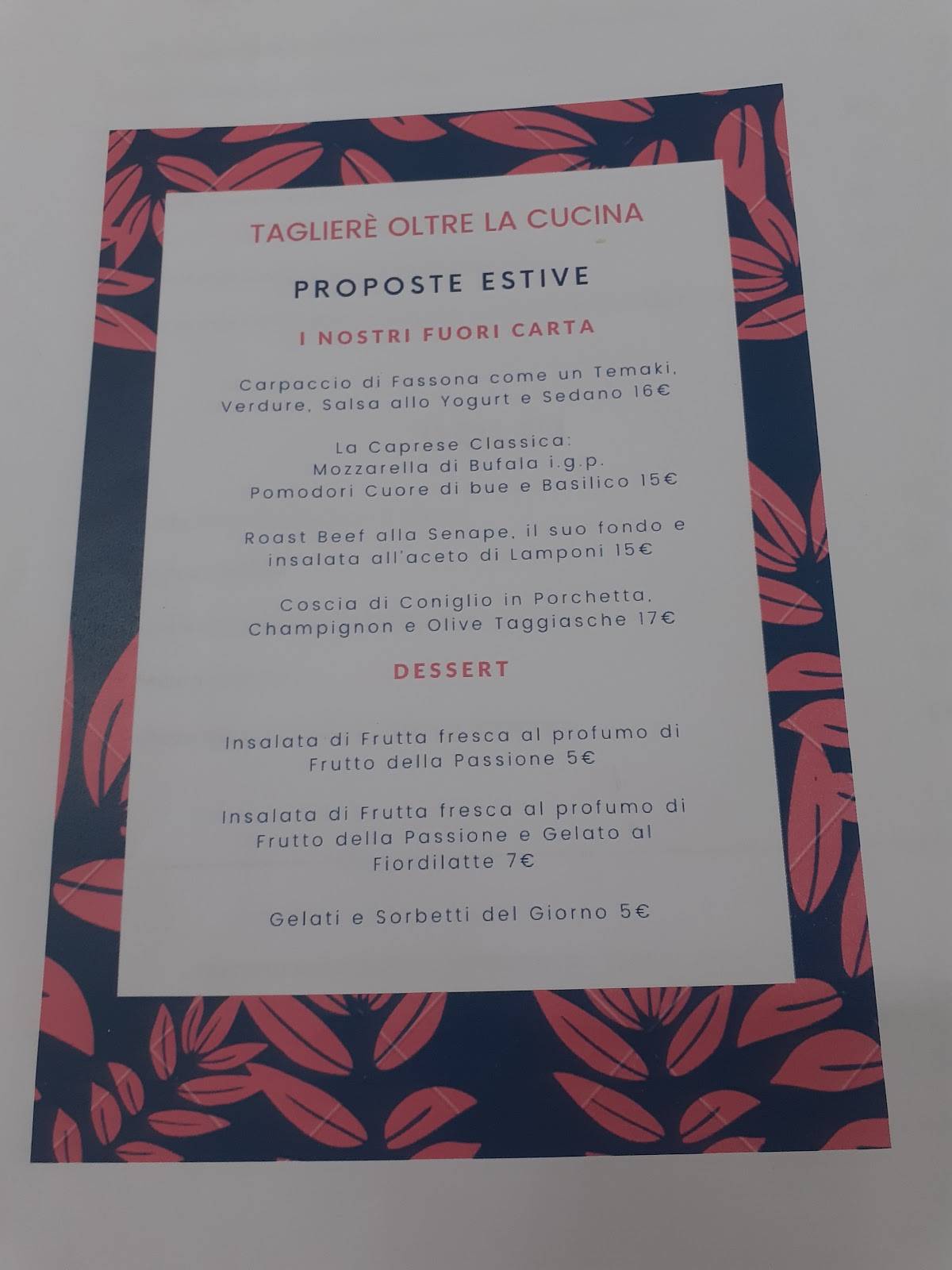 Menu da Taglierè - Oltre la Cucina ristorante, Reggio Emilia