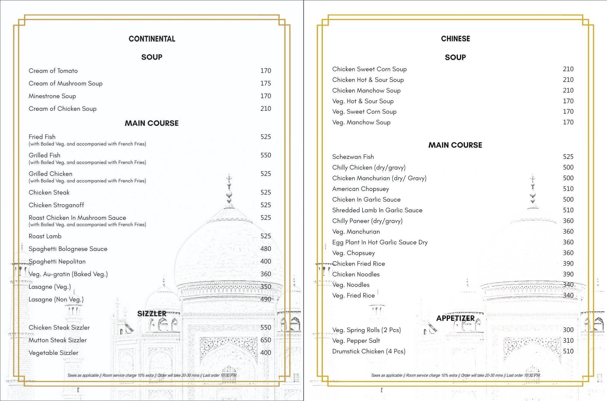 Menu at Taj Terrace, Agra, Hotel taj resorts
