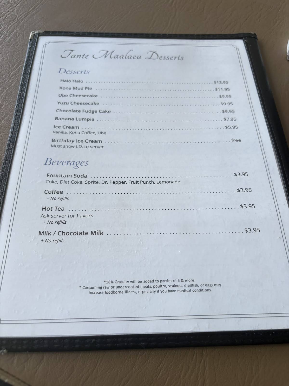Menu at Tante's Fishmarket Restaurant & Bar, Maalaea