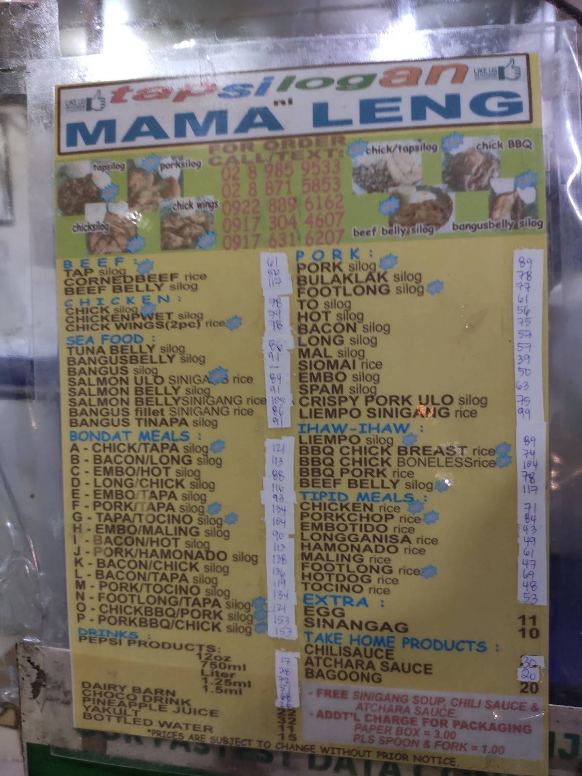 Menu at Tapsilogan Ni Mama Leng restaurant, Caloocan, 267 D. Aquino St ...