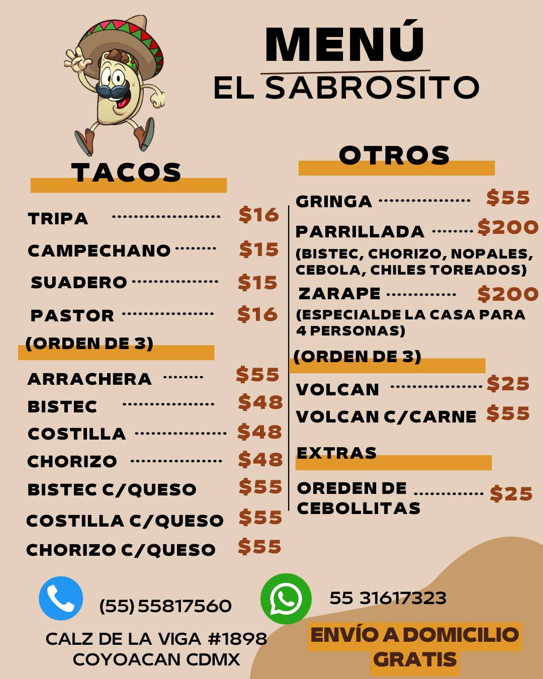 Carta del restaurante Taqueria El SABROSITO, Ciudad del México, Calz ...