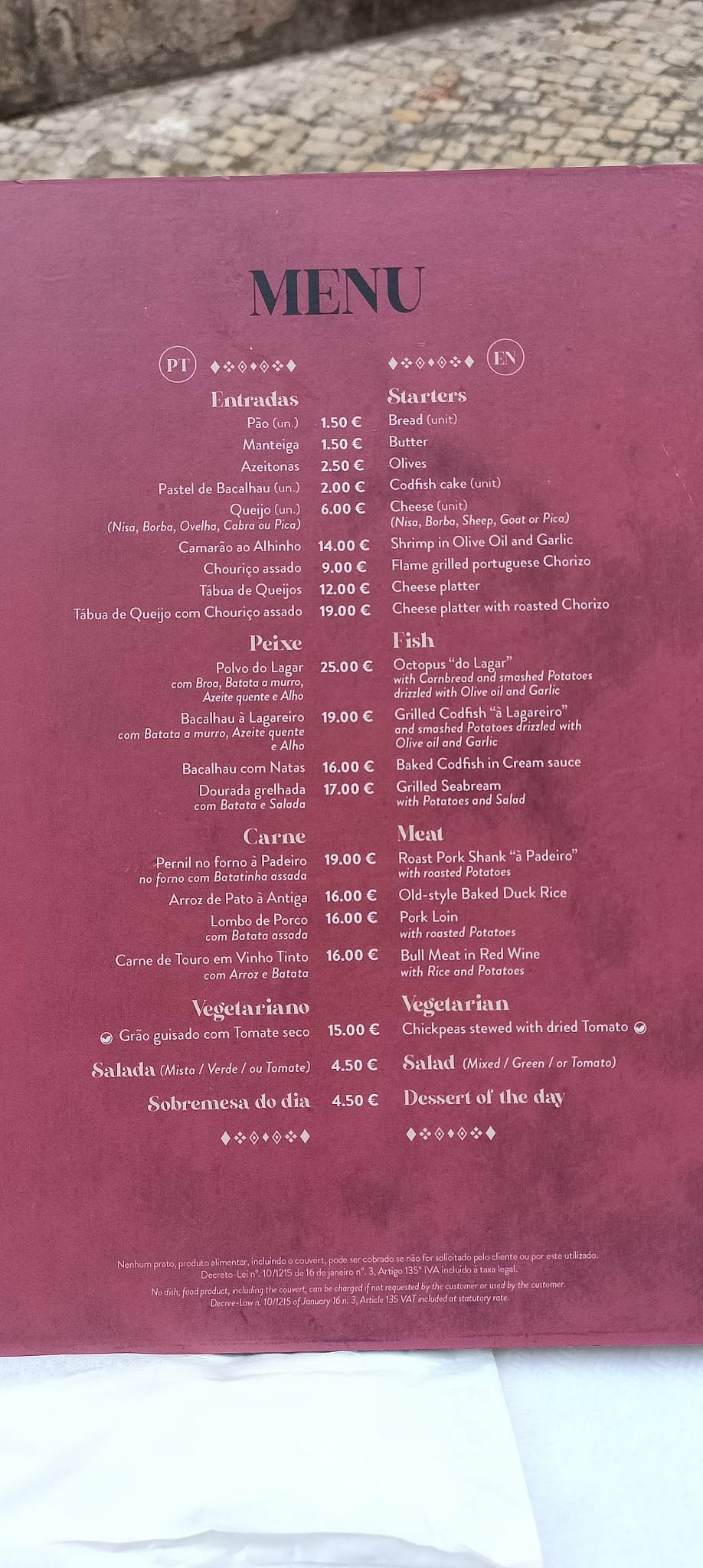 Menu at Tasca da tia Macheta restaurant, Lisbon