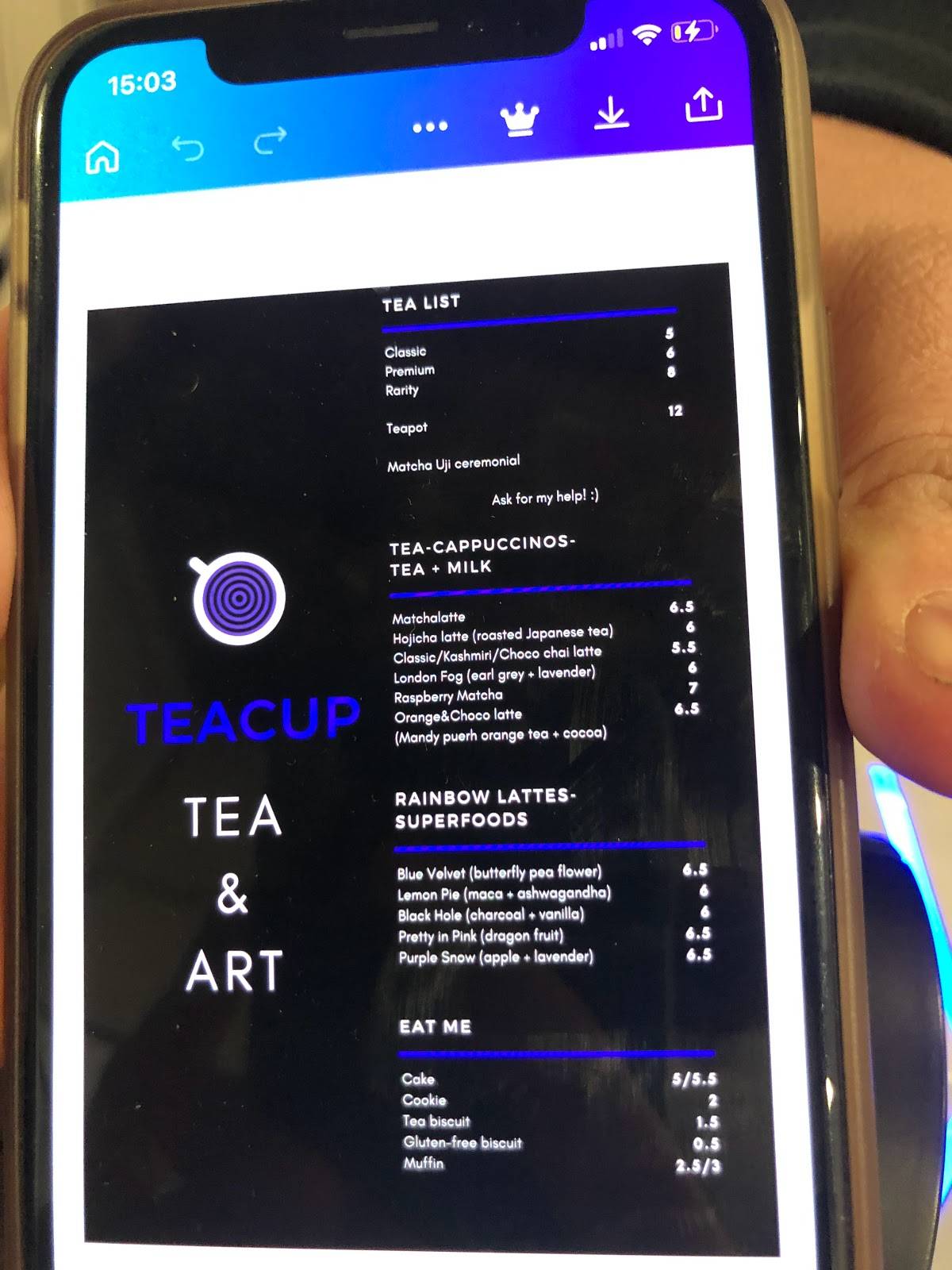 Menu at Teacup - Tea & Art, Milan