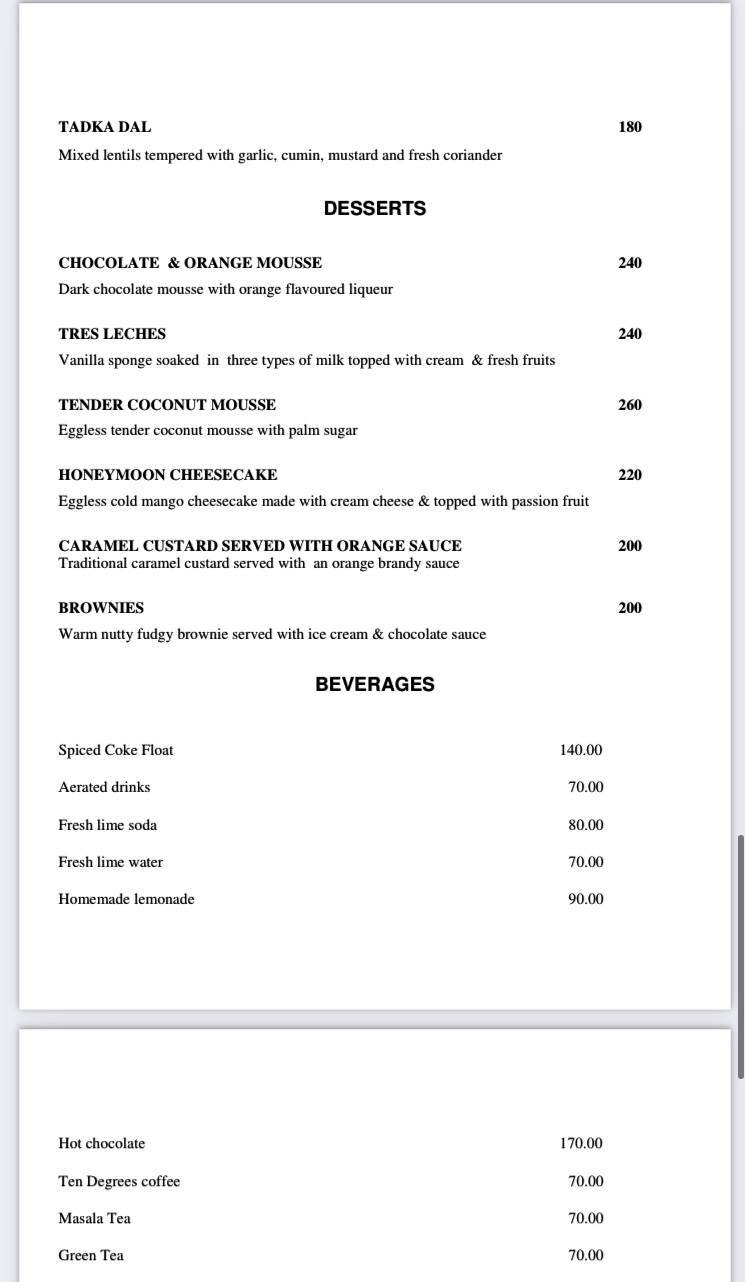 Menu at Ten Degrees, Kodaikanal