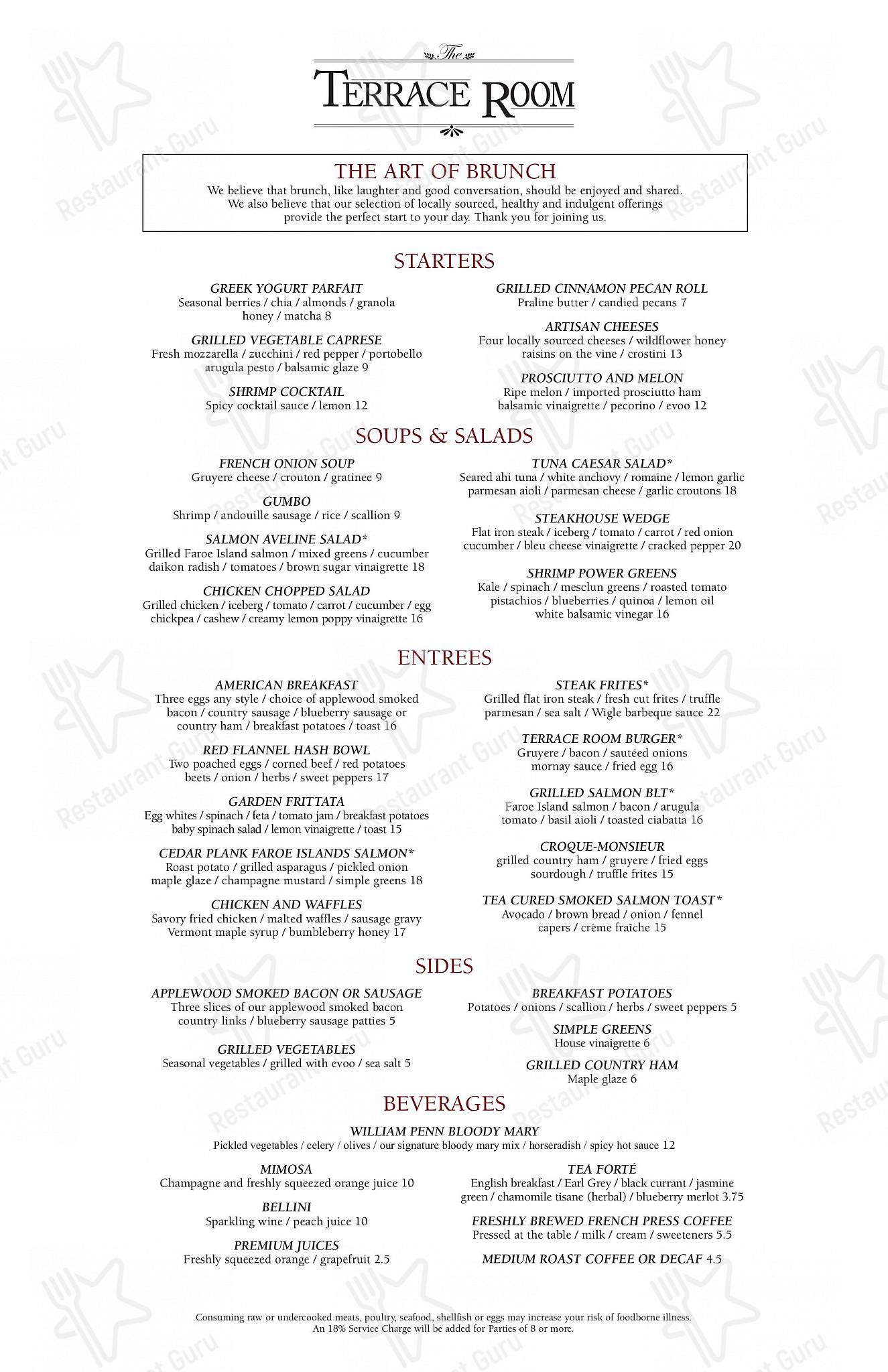 Menu at The Terrace Room restaurant, Pittsburgh